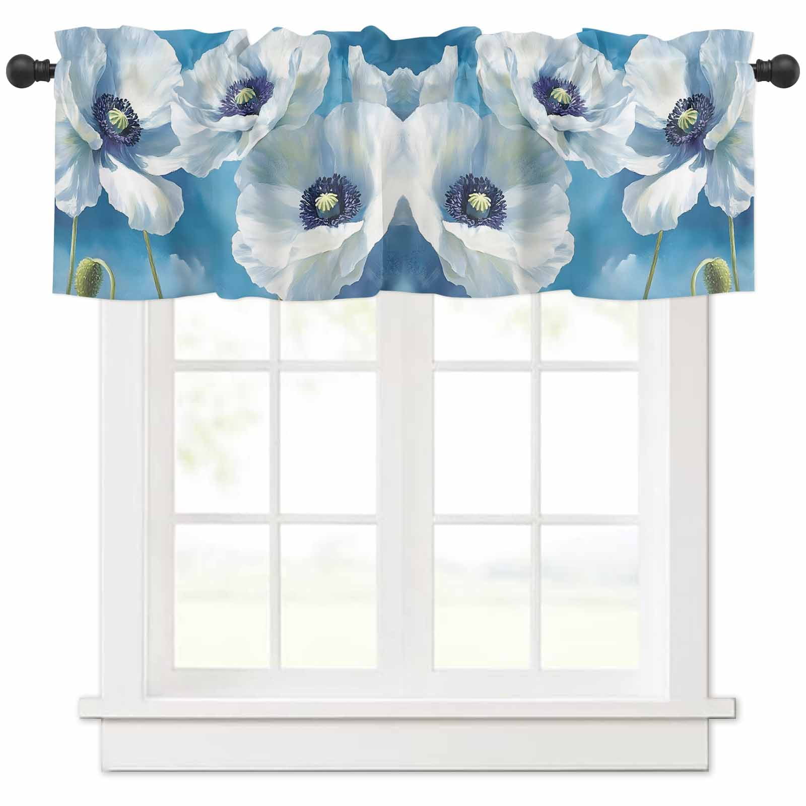White Blue Floral Valances for Windows Farmhouse Kitchen Curtains ...