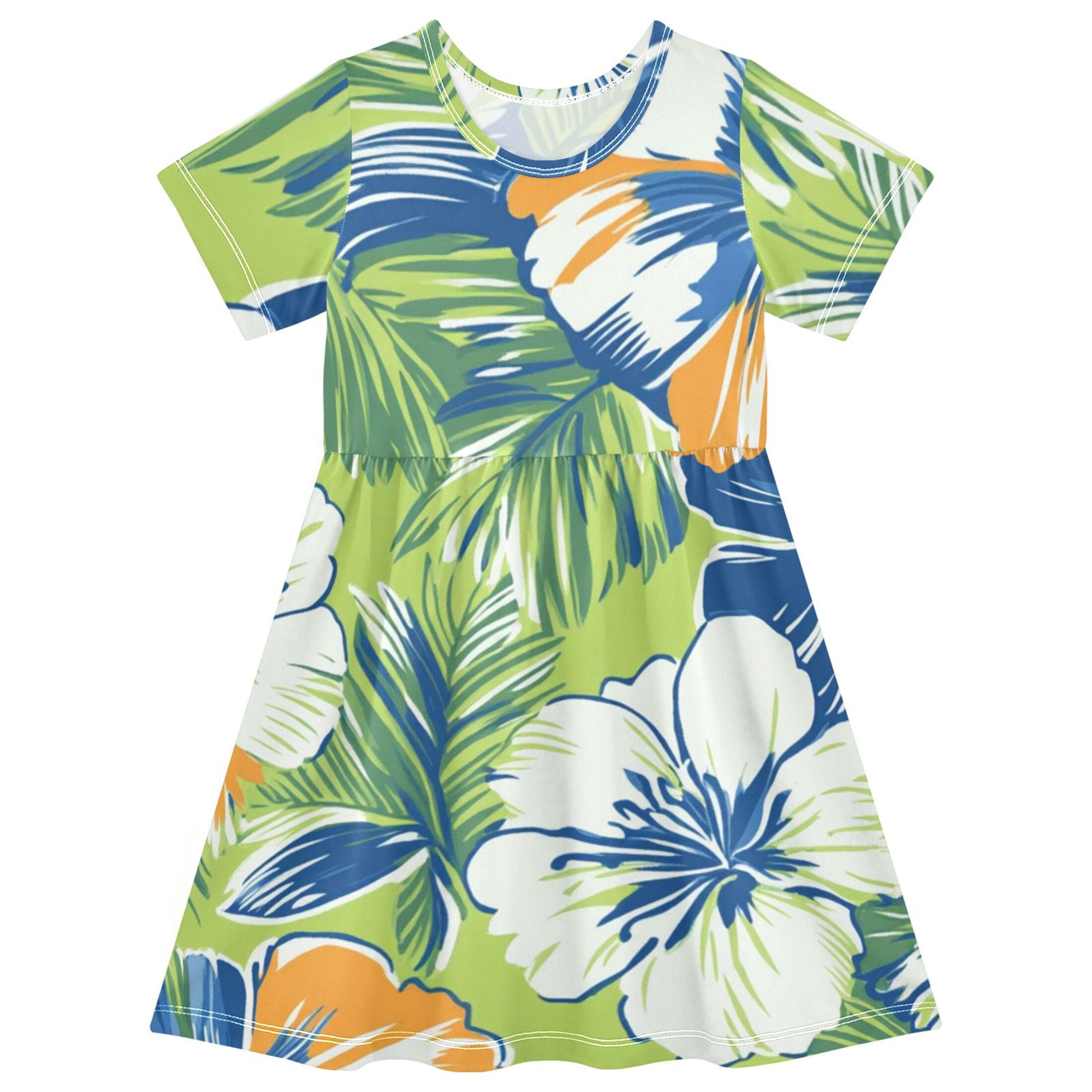 White Blue Flowers Green Palm Leaves Girls' Short Sleeve Dress A-Line ...