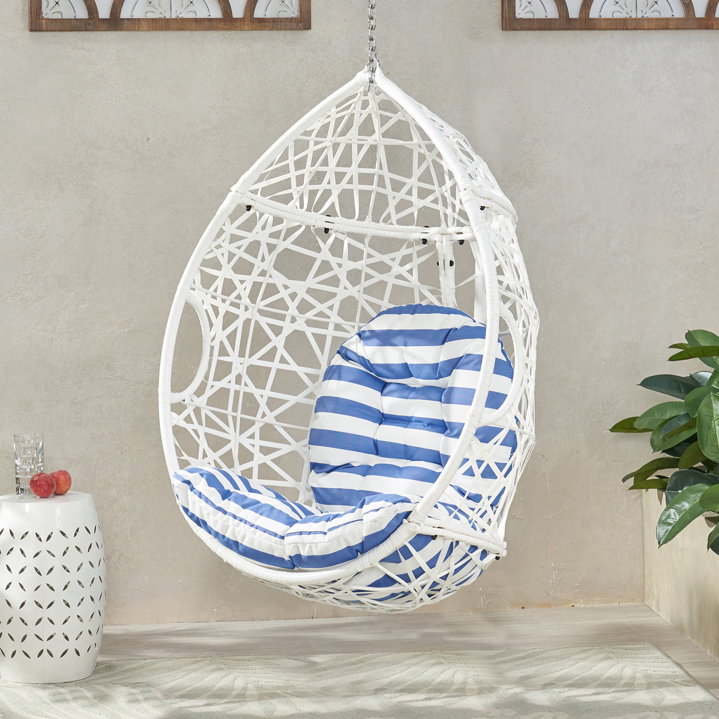 White & Blue Hanging Egg Chair - Wicker Basket Swing Chair with ...