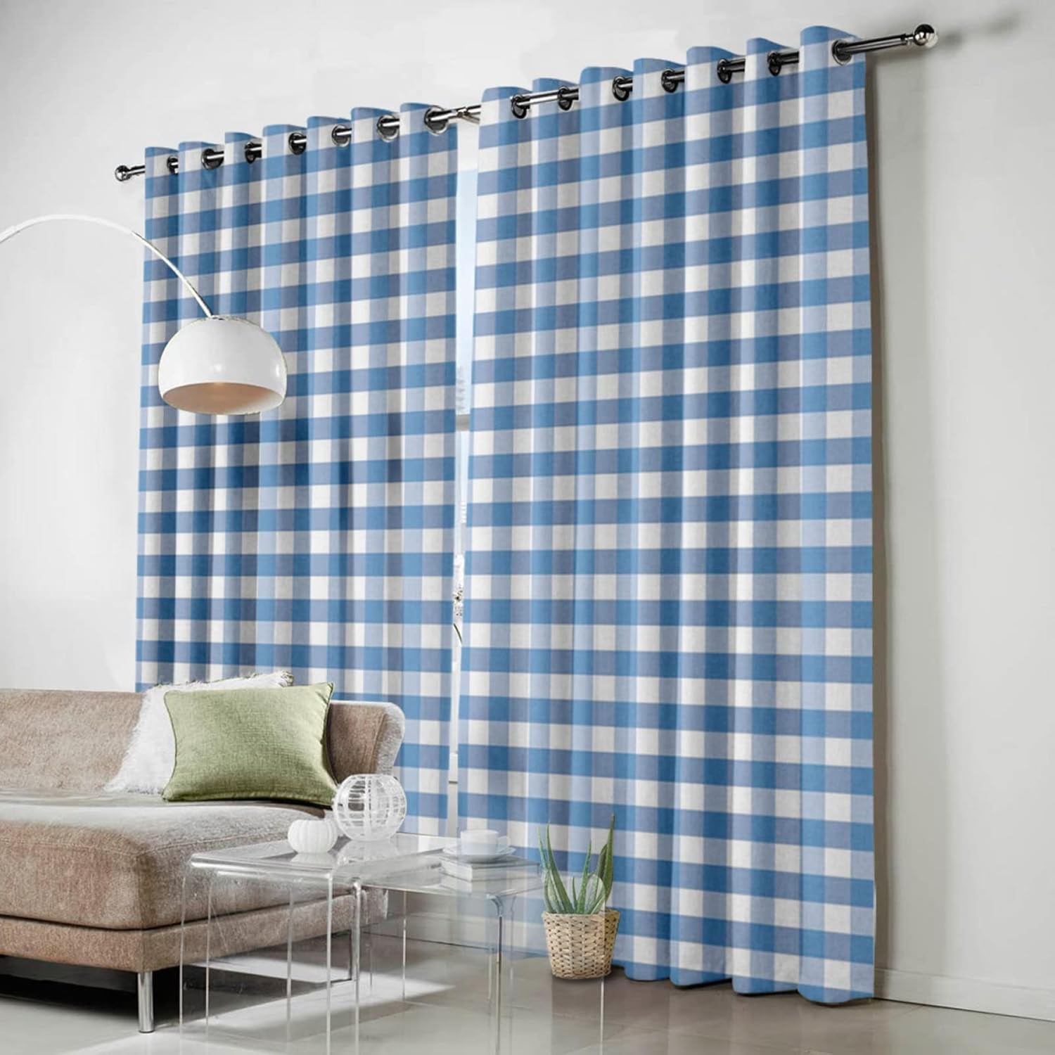 White Blue Plaid Blackout Curtains, Retro Print Window Curtains ...