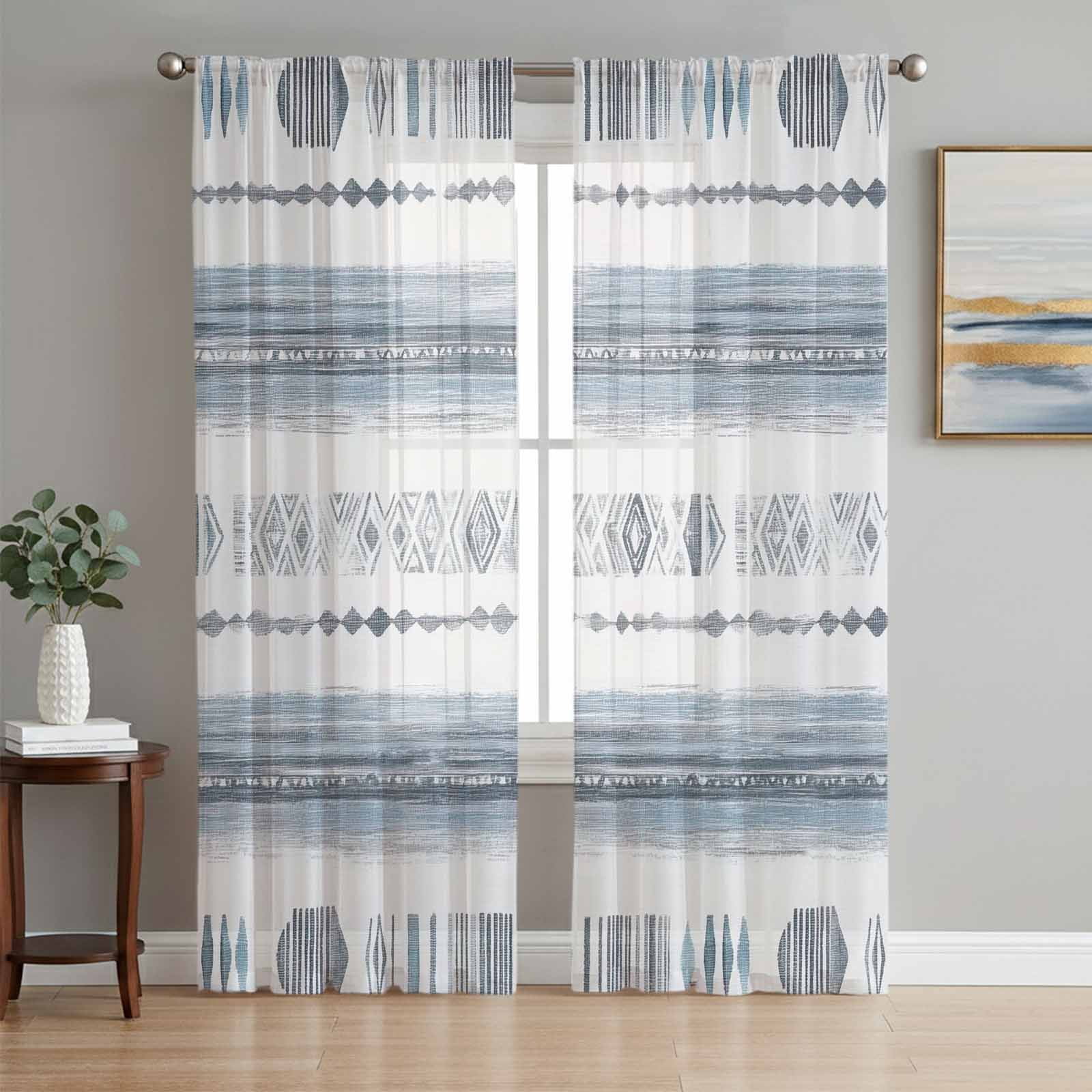White Blue Sheer Curtains 84 Inch Length 2 Panels Set, Modern Abstract ...