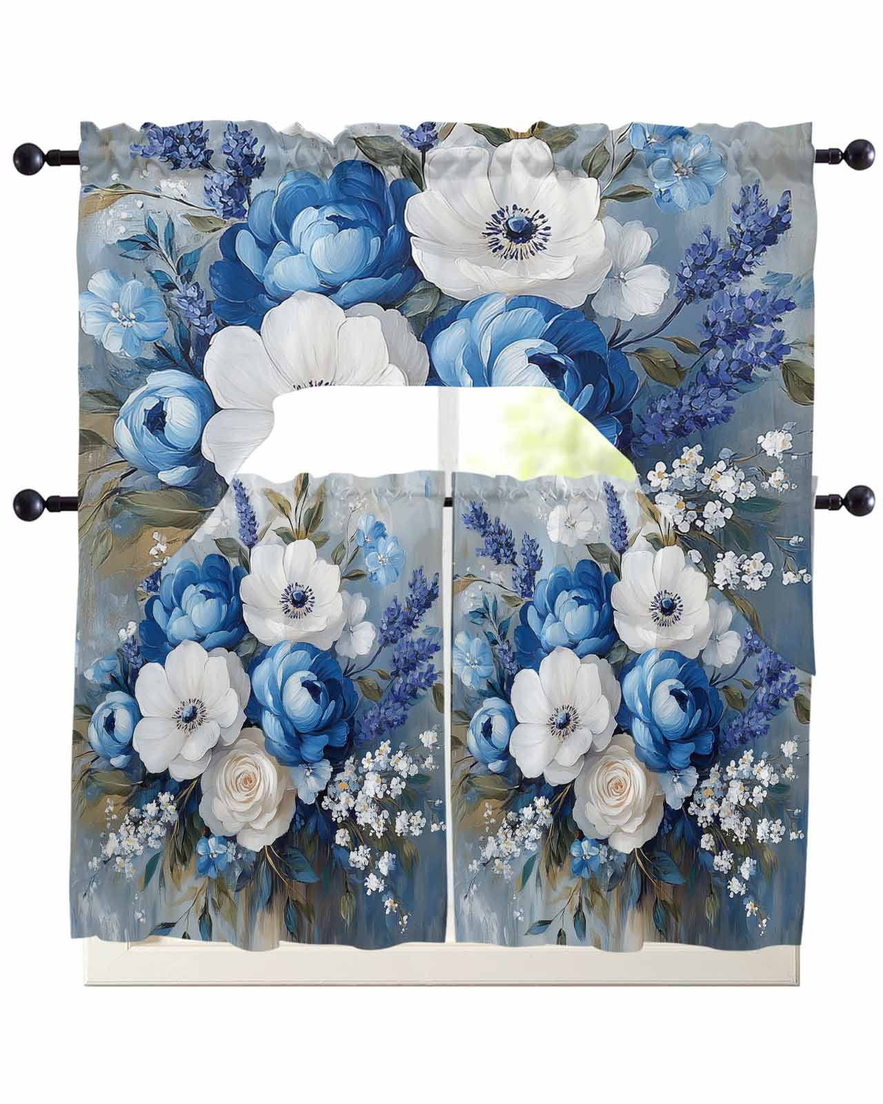 White Blue Spring Floral Kitchen Curtains Swag Valance and Tier ...
