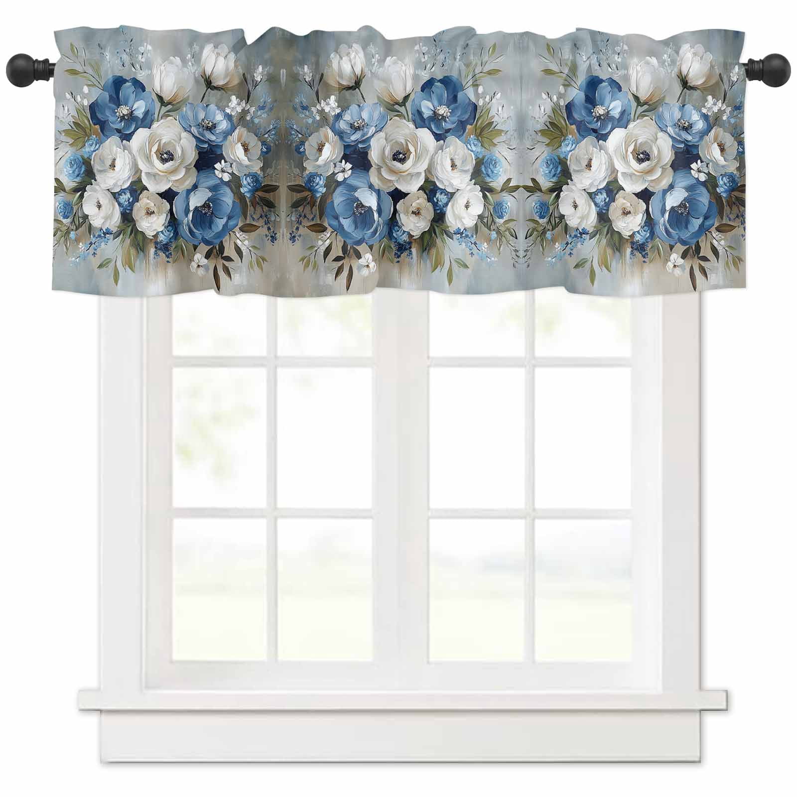 White Blue Spring Floral Valances for Windows Farmhouse Kitchen ...