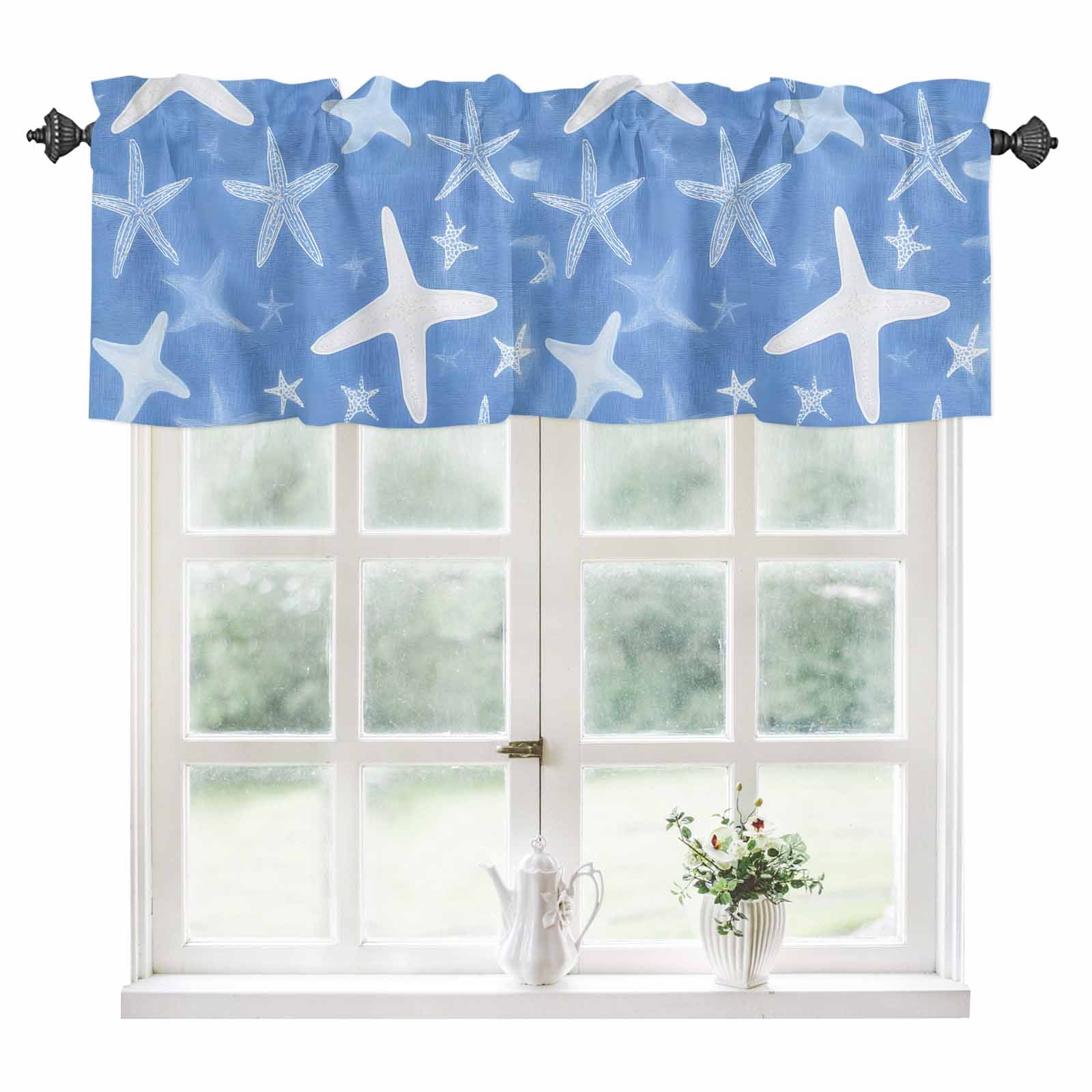 White Blue Starfish Coastal Kitchen Valances for Windows 42x12 Inch ...