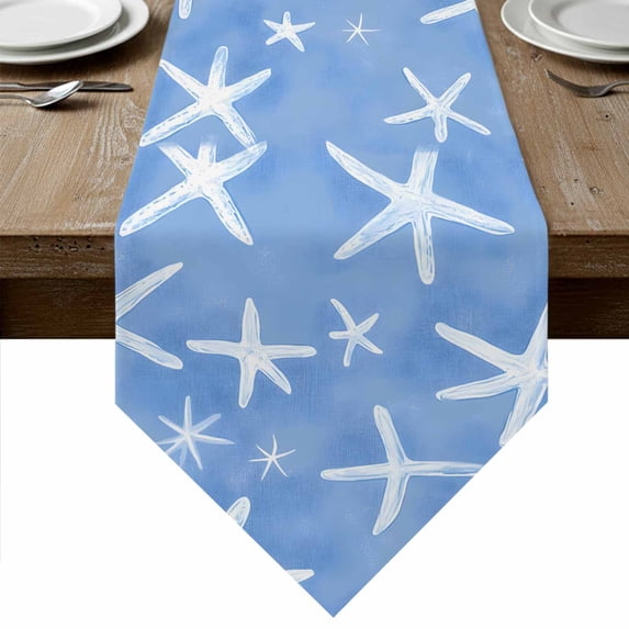 White Blue Starfish Coastal Table Runner Linen Burlap Table Runner 72 ...