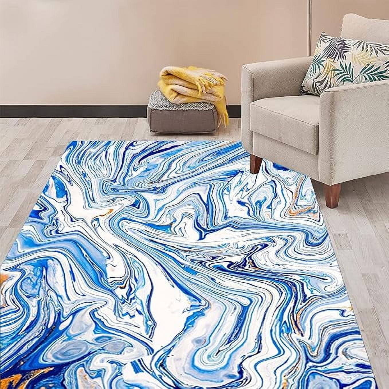 White Blue Style Marble Swirl Modern Abstract Area Rug For Bedroom ...