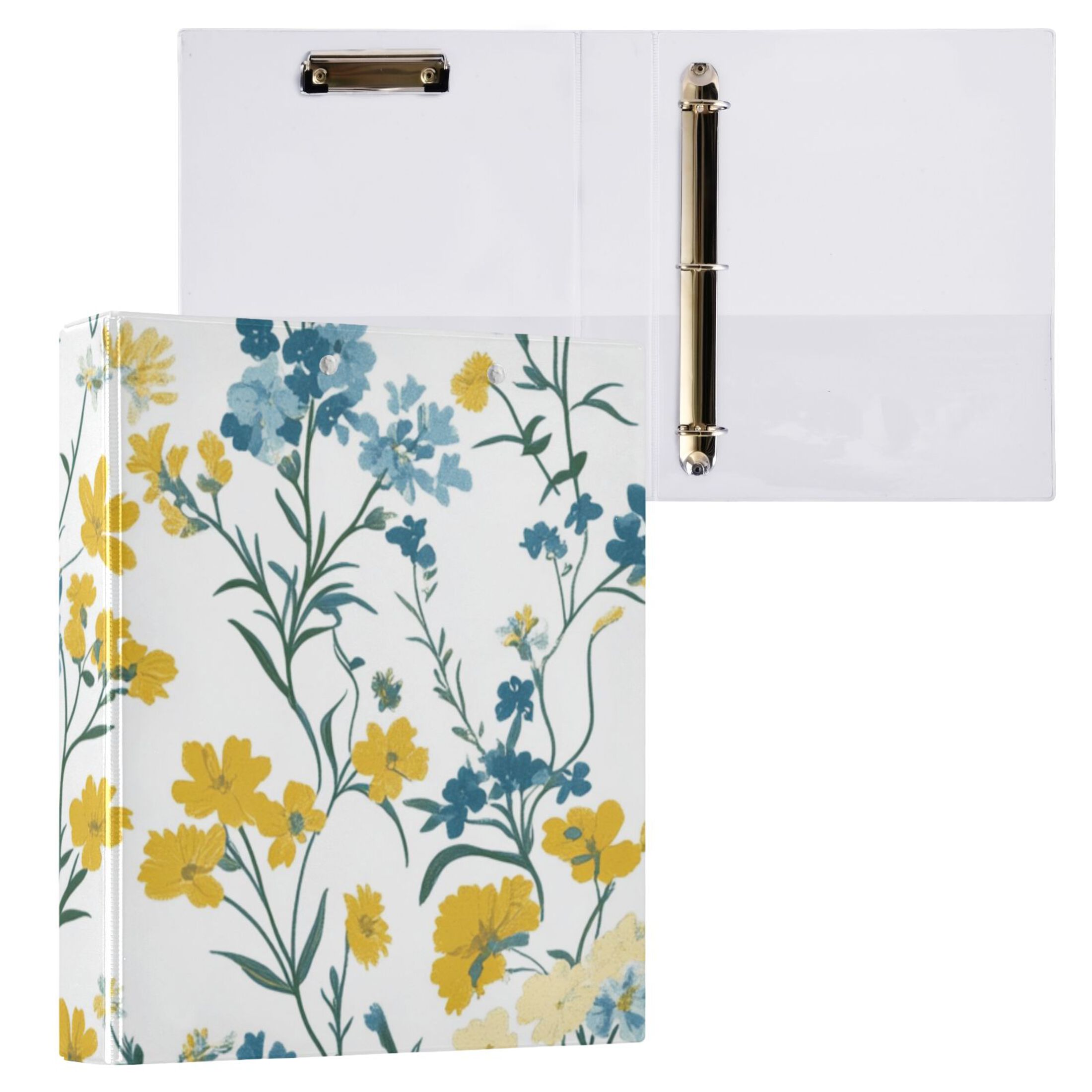 White Blue Yellow Florals Green Leaves Round Ring Binder 3 Rings 1.5 ...
