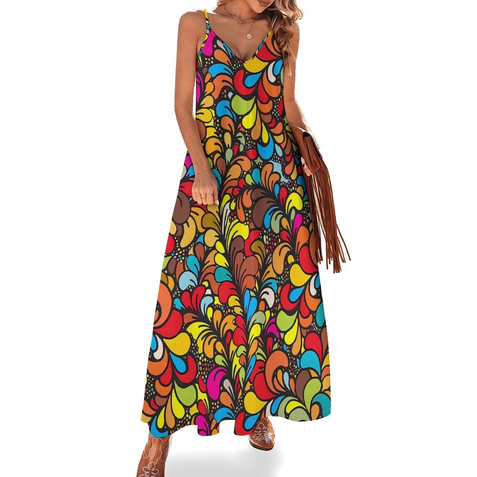 White Boho Floral Dress Pretty Rose Trendy Maxi Dress Straps Street ...