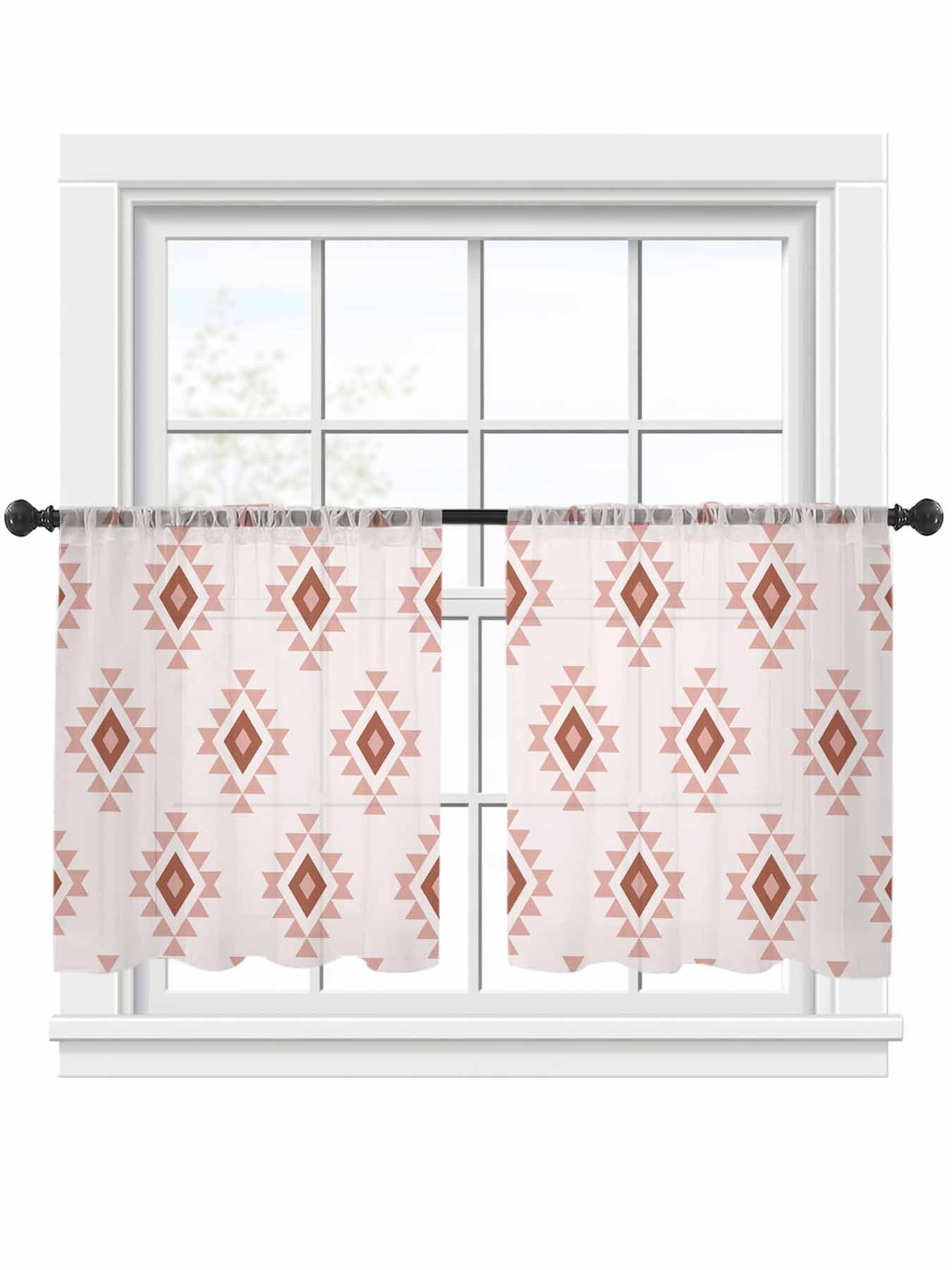 White Boho Geometric Sheer Curtains 45 Inch Length 2 Panels Set, Semi ...