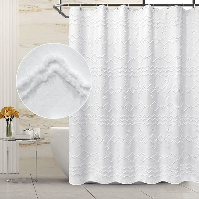 White Boho Shower Curtain Fabric Shower Curtain Textured Tufted Chevron