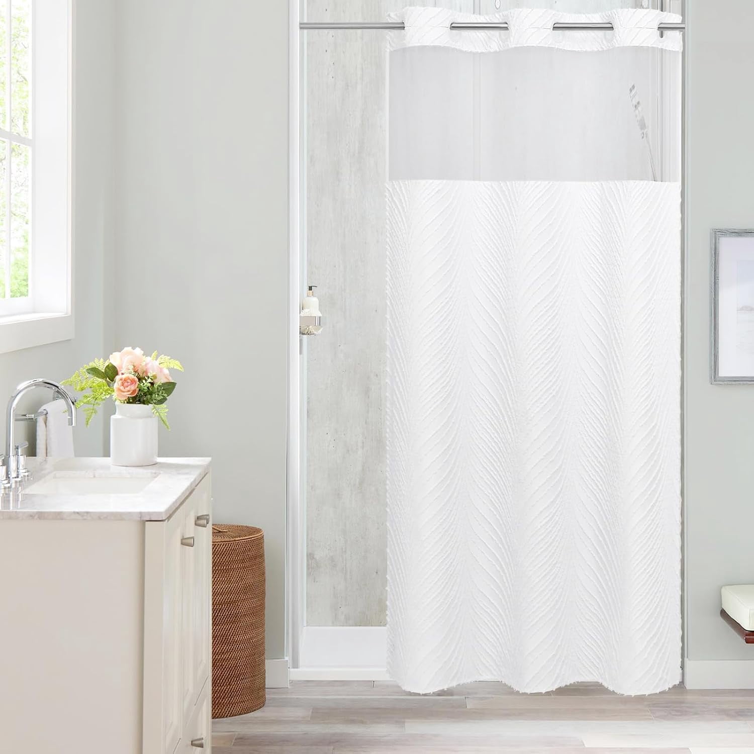 White Boho Small Stall Shower Curtain 36 x 74, No Hook Half Size Narrow ...