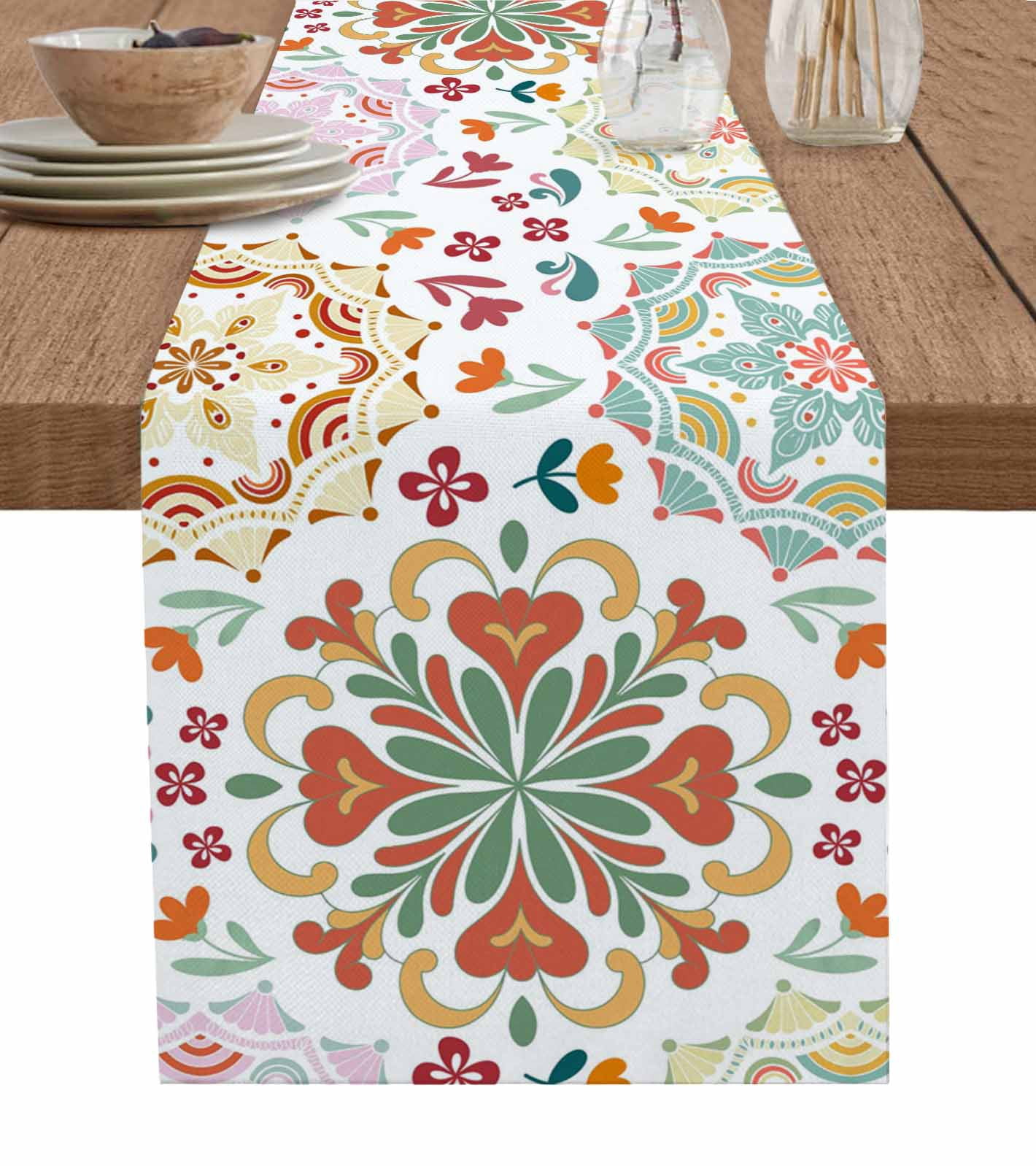 White Boho Table Runner 72 Inches, Retro Ethnic Colorful Flower ...