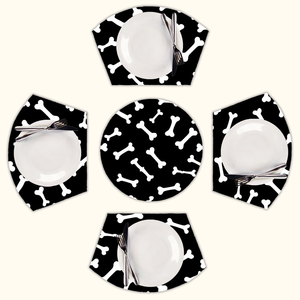 White Bone Pattern on Black Background Round Table Placemats Set Of 5 ...
