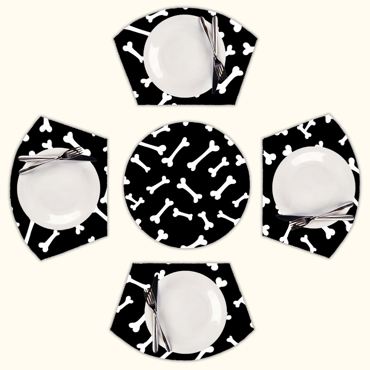 White Bone Pattern on Black Background Round Table Placemats Set Of 5 ...