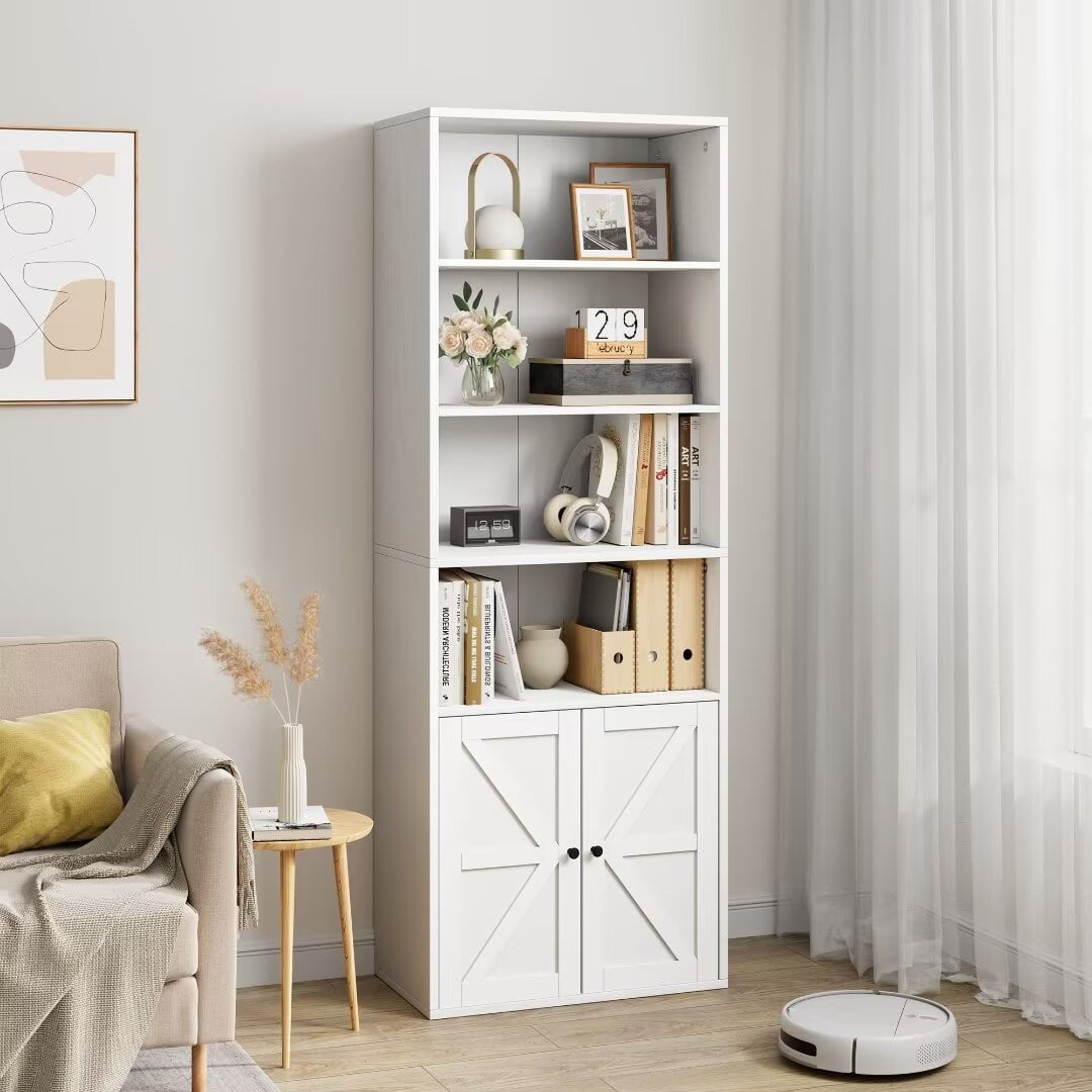 White Bookcase with Doors, 71.4in Tall Farmhouse Bookcases with Cabinet ...