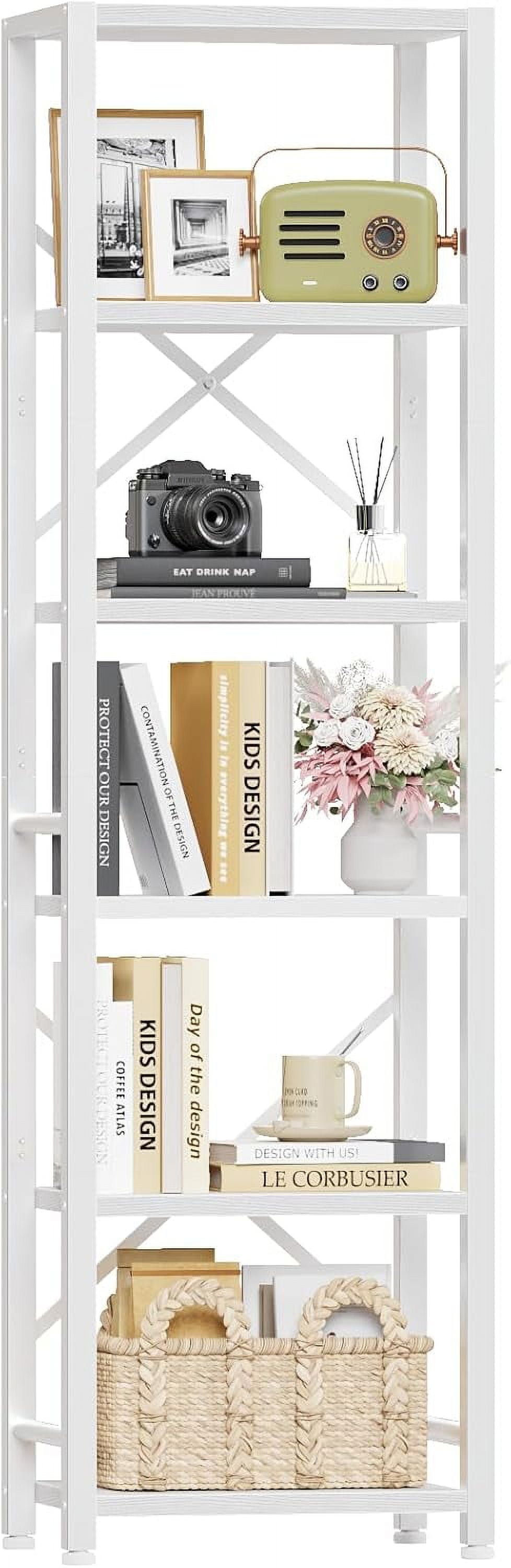 White Bookshelf 6 Tier Tall Narrow Bookcase, Modern Display Standing ...
