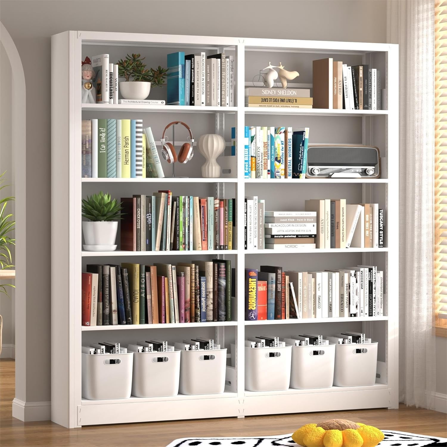 White Bookshelf, 69.3'' Wide 5 Tier Bookshelf, Metal Bookshelves and ...
