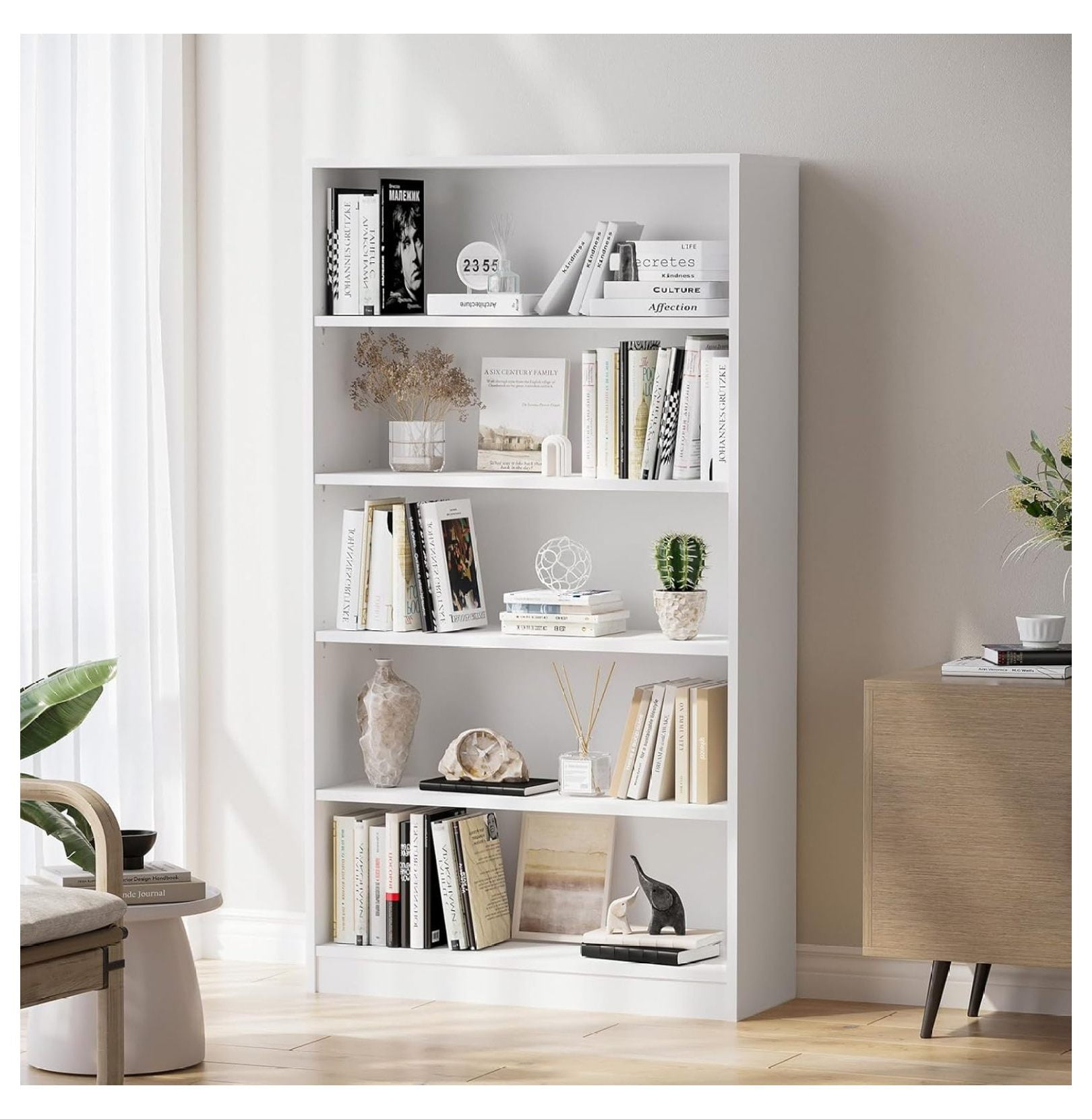 White Bookshelf, Bookcase with Adjustable Shelves, 5 Shelf Bookcase ...