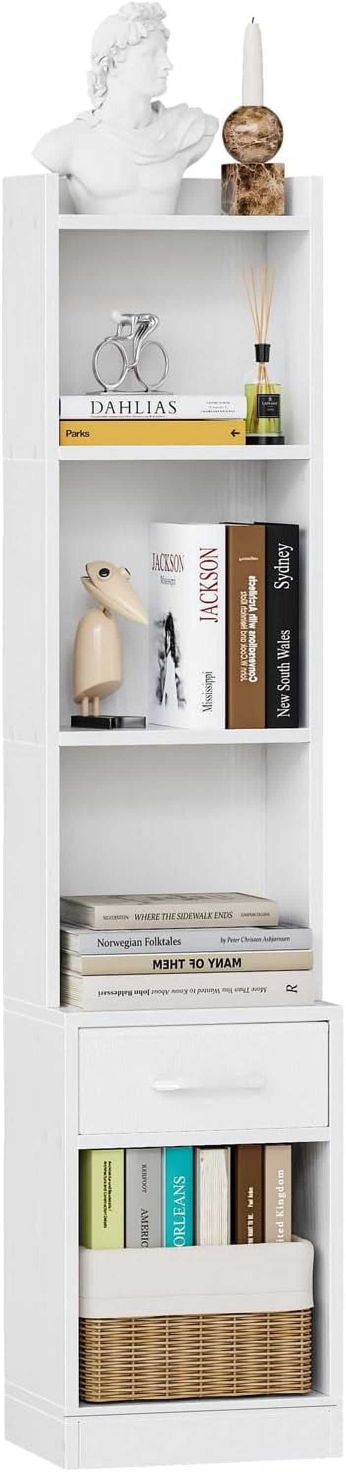 White Bookshelf with Drawer, 5 Tier Narrow Wood Display Book Shelf ...