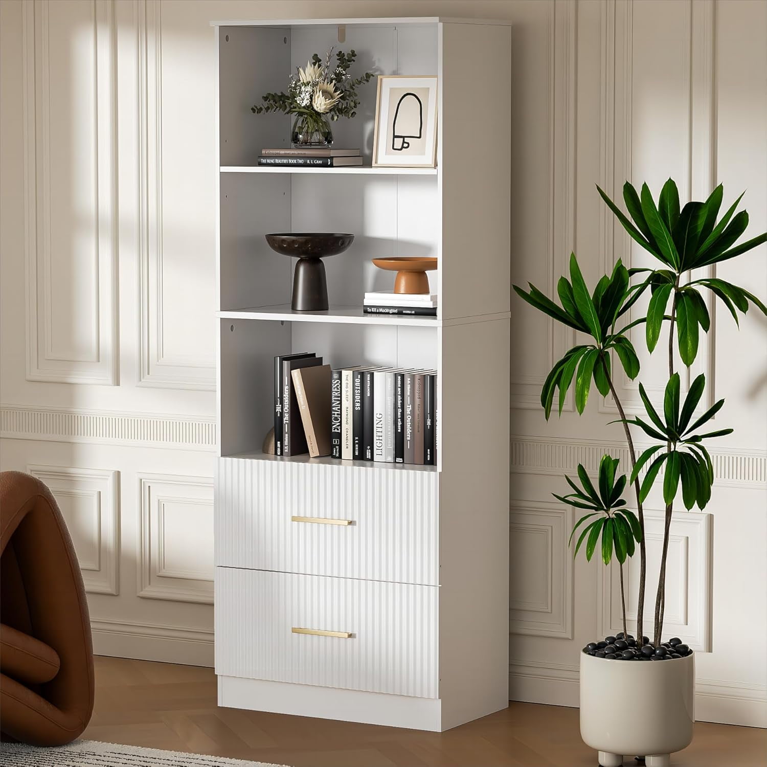 White Bookshelf with Drawers, 63" Tall Bookshelf with Storage, 3 Shelf ...