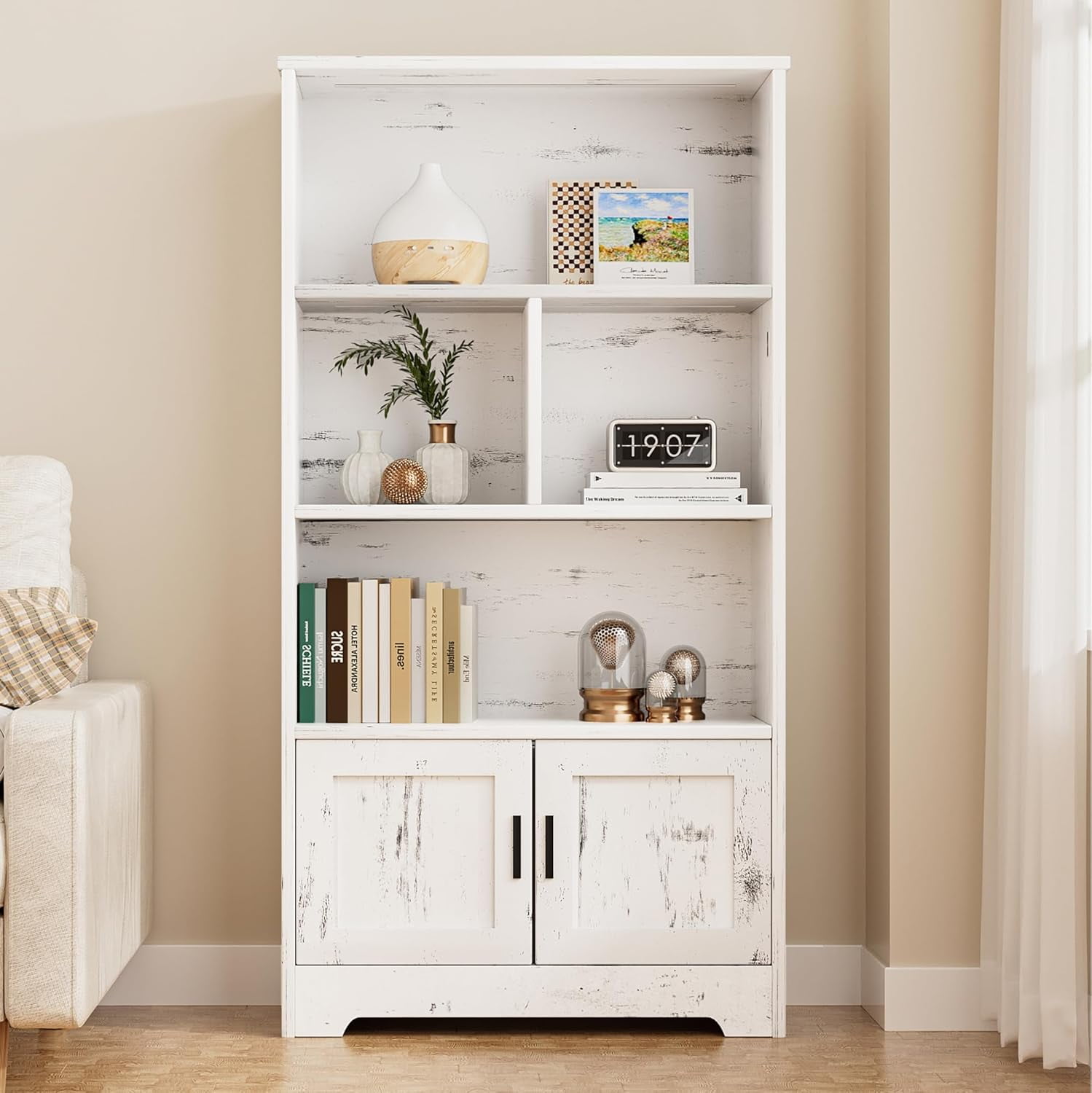 White Bookshelf with LED Lights, Farmhouse Bookcase with Doors, 3-Tier ...