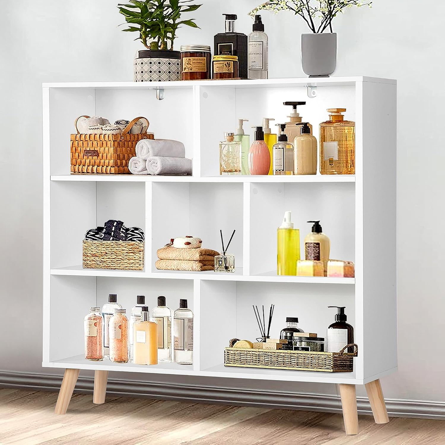 White Bookshelf with Legs, 3-Tier Open Shelf Bookcase Display Cabinet ...