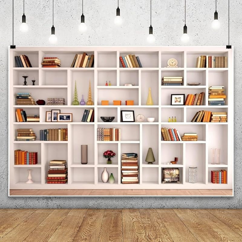 White Bookshelf Photography Backdrop Morden Library Bookcase Background ...