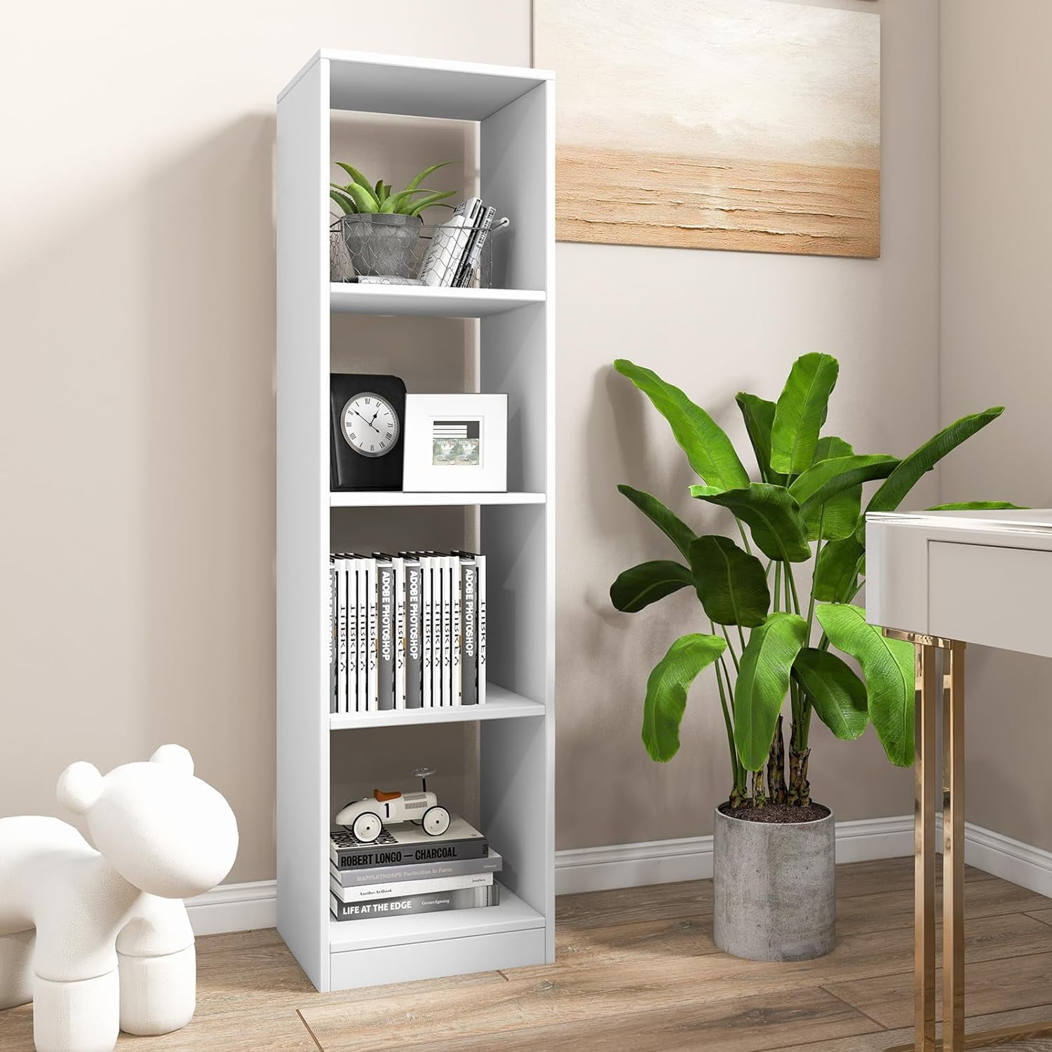 White Bookshelf, Vertical Book Shelf with 4 Cubes, Modern Display Shelf ...