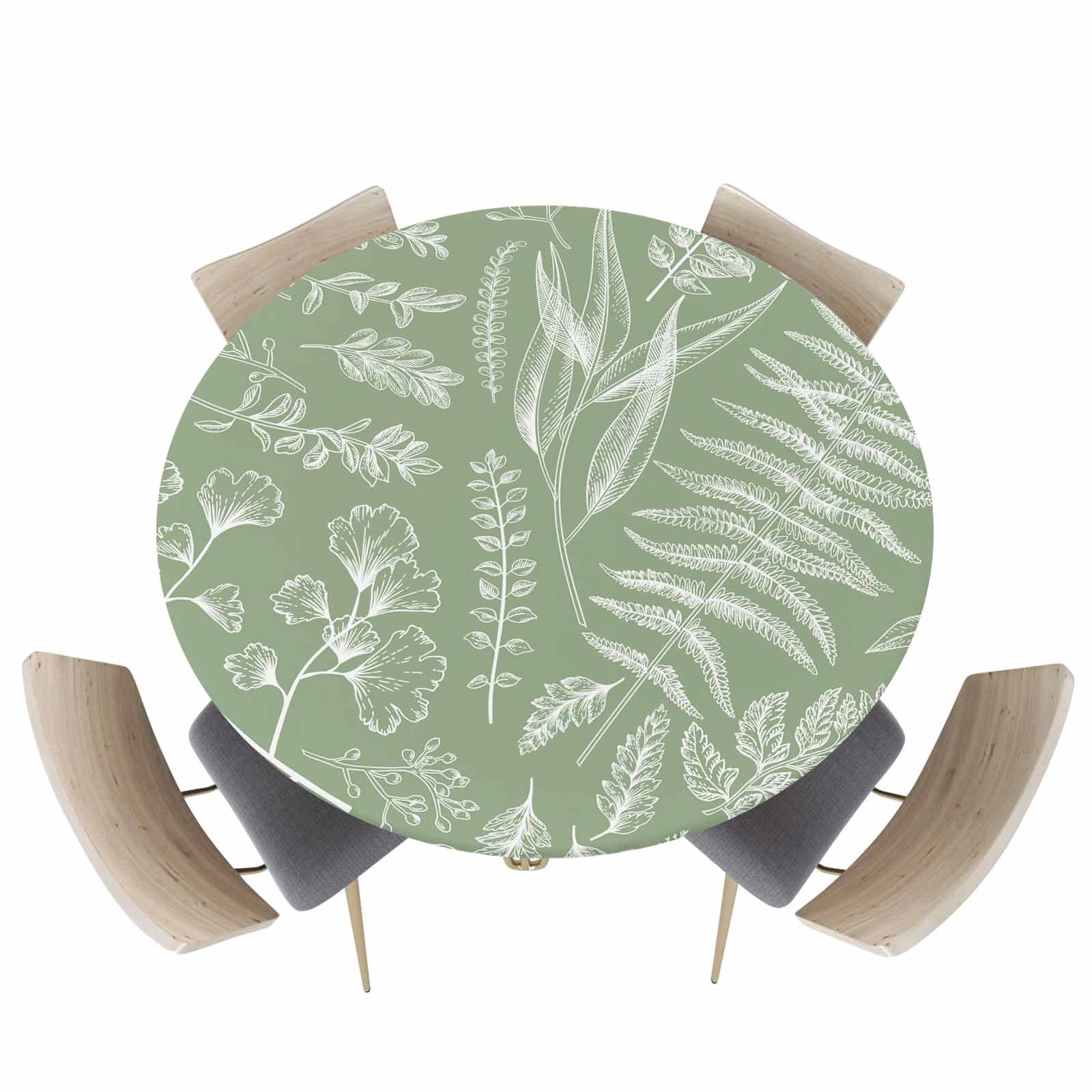 White Botanical Fern Plant Leaves Fitted Tablecloth for 55-60in Round ...