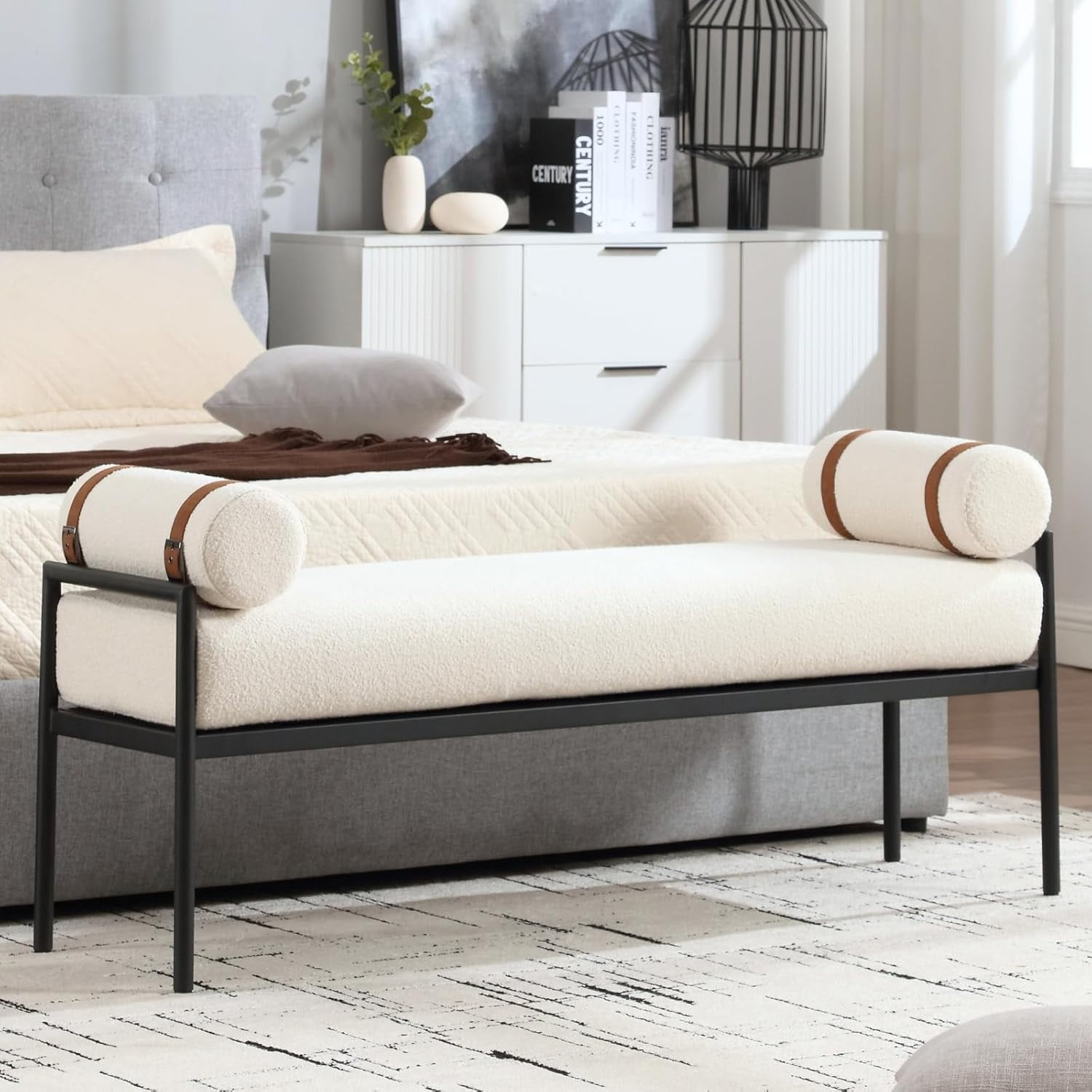 White Boucle 55 Inch Long Bedroom Teddy Padded Upholstered Ottoman with ...