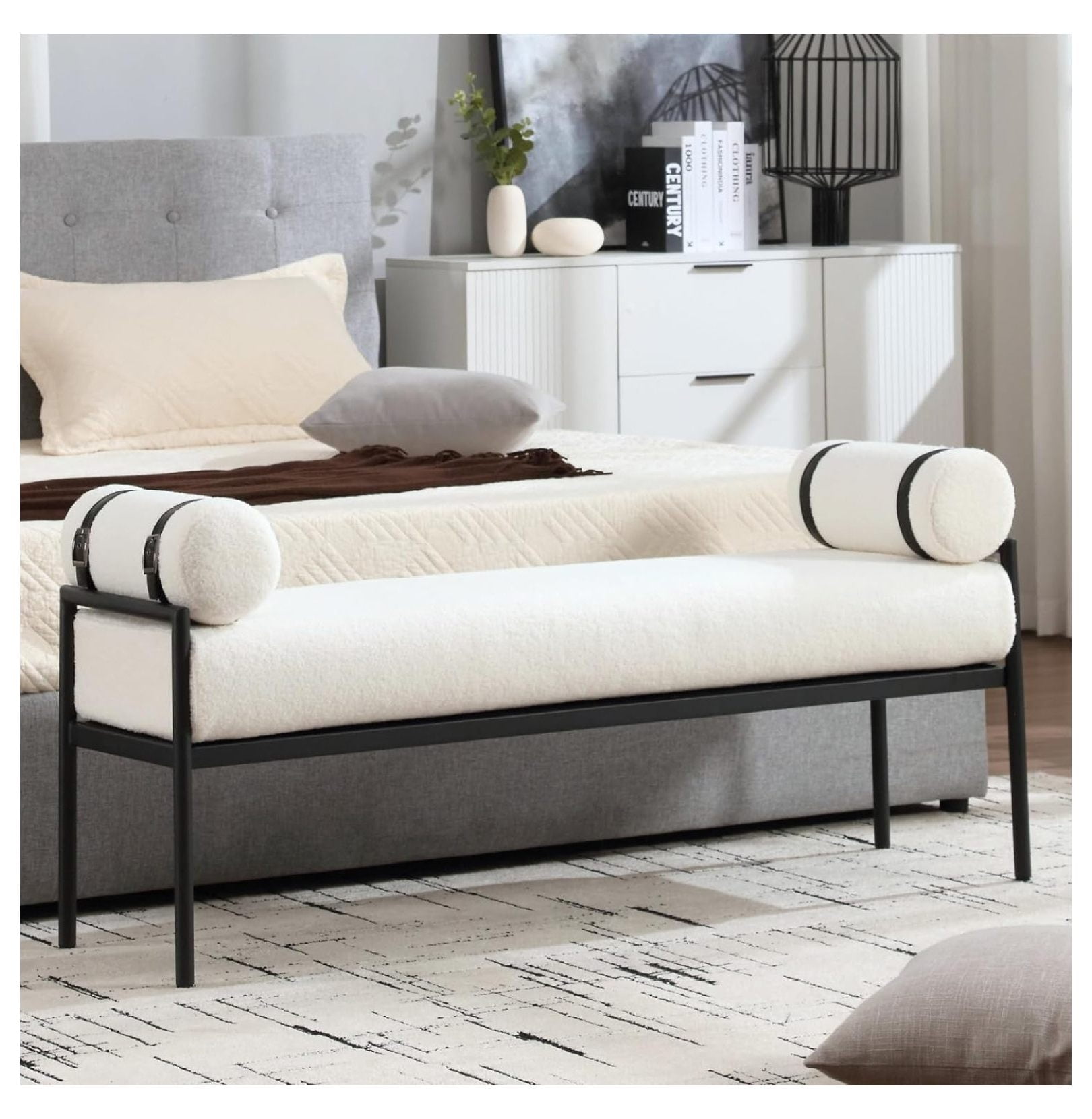 White Boucle Bedroom Bench 55 Inch Long End of Bed Bench Padded ...