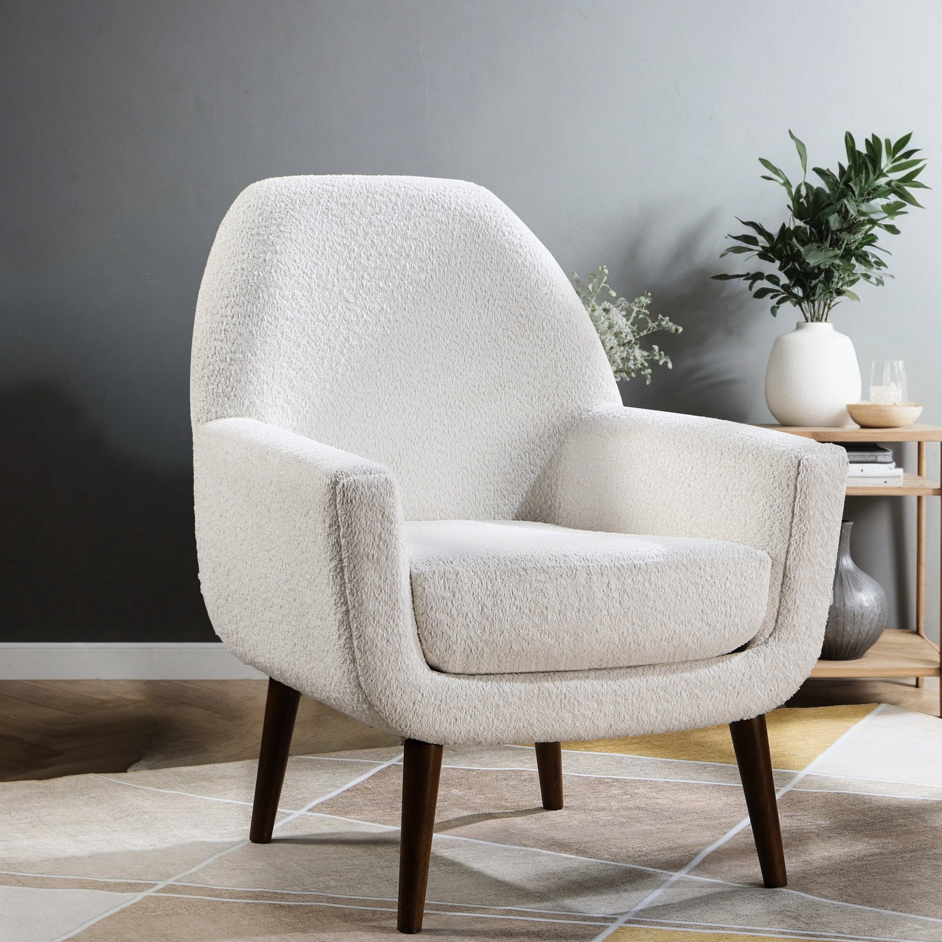 White Boucle Chair, Curved Front And Back, Solid Wood Frame, Foam ...