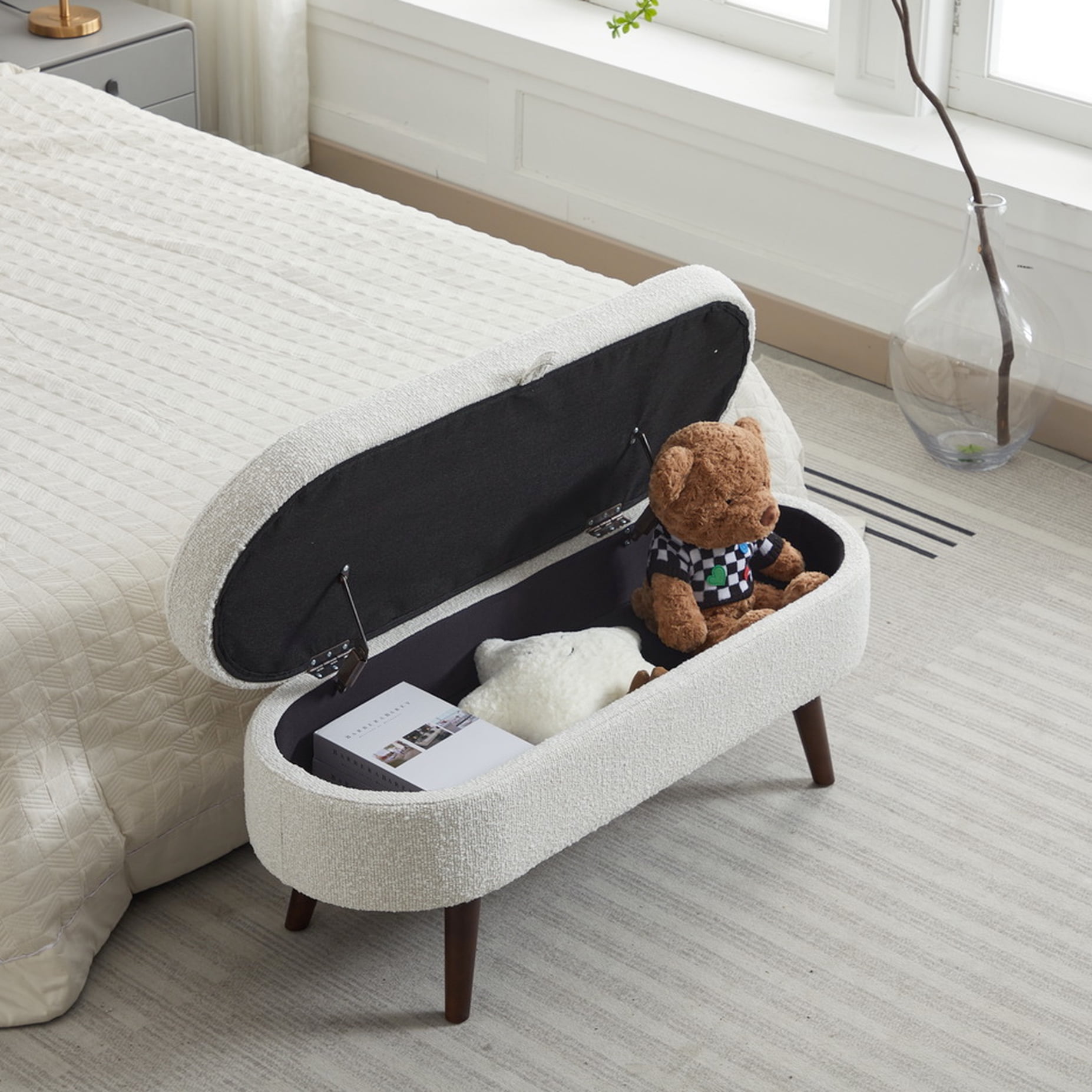 White Boucle Material - Bench - type Storage - Extra Seating Spot ...