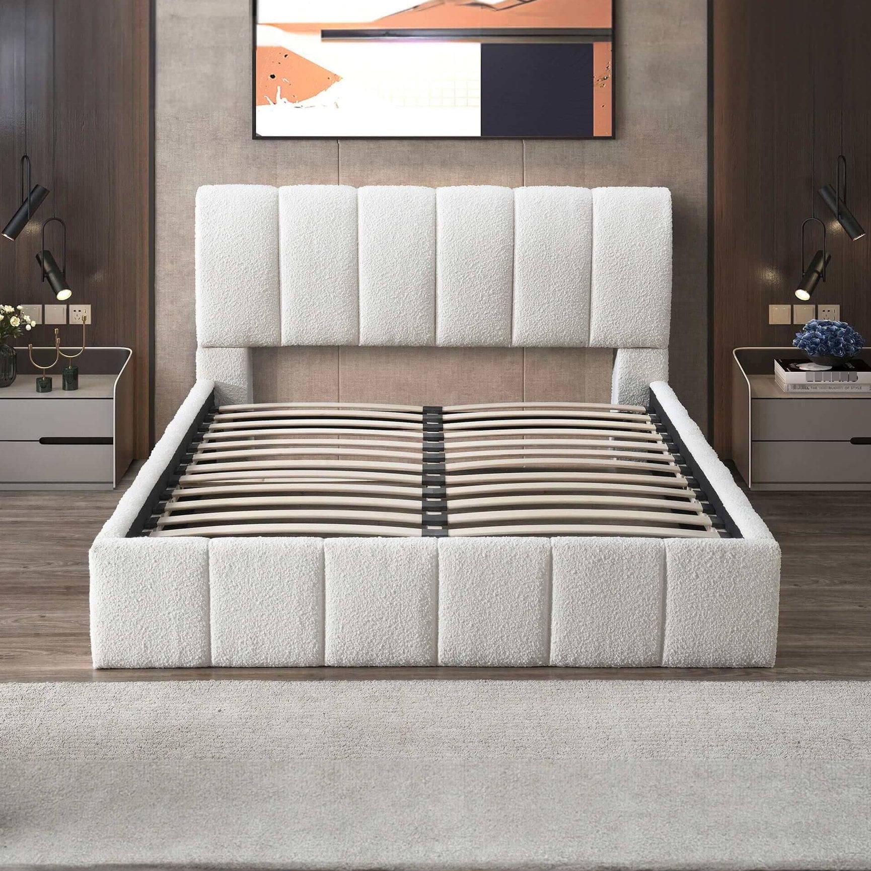 White Boucle Material - Wooden Slats & Center Support System ...