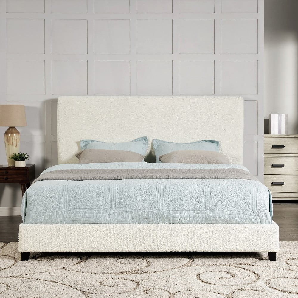 White Boucle Upholstered King Size Platform Bed, Interlocking CNC-cut ...