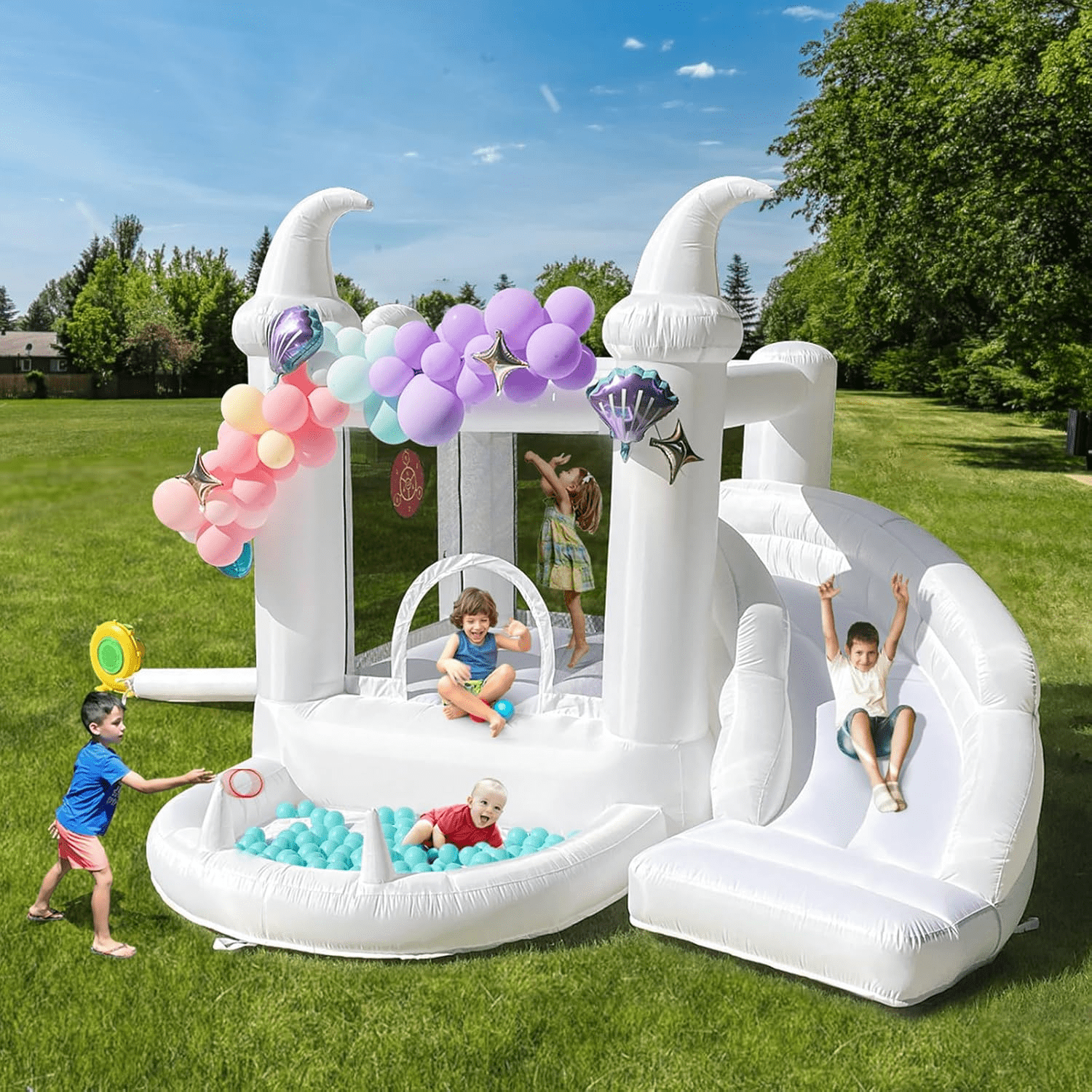 White Bounce House with Slide & Ball Pit Wizard Bouncy Castle with Air ...