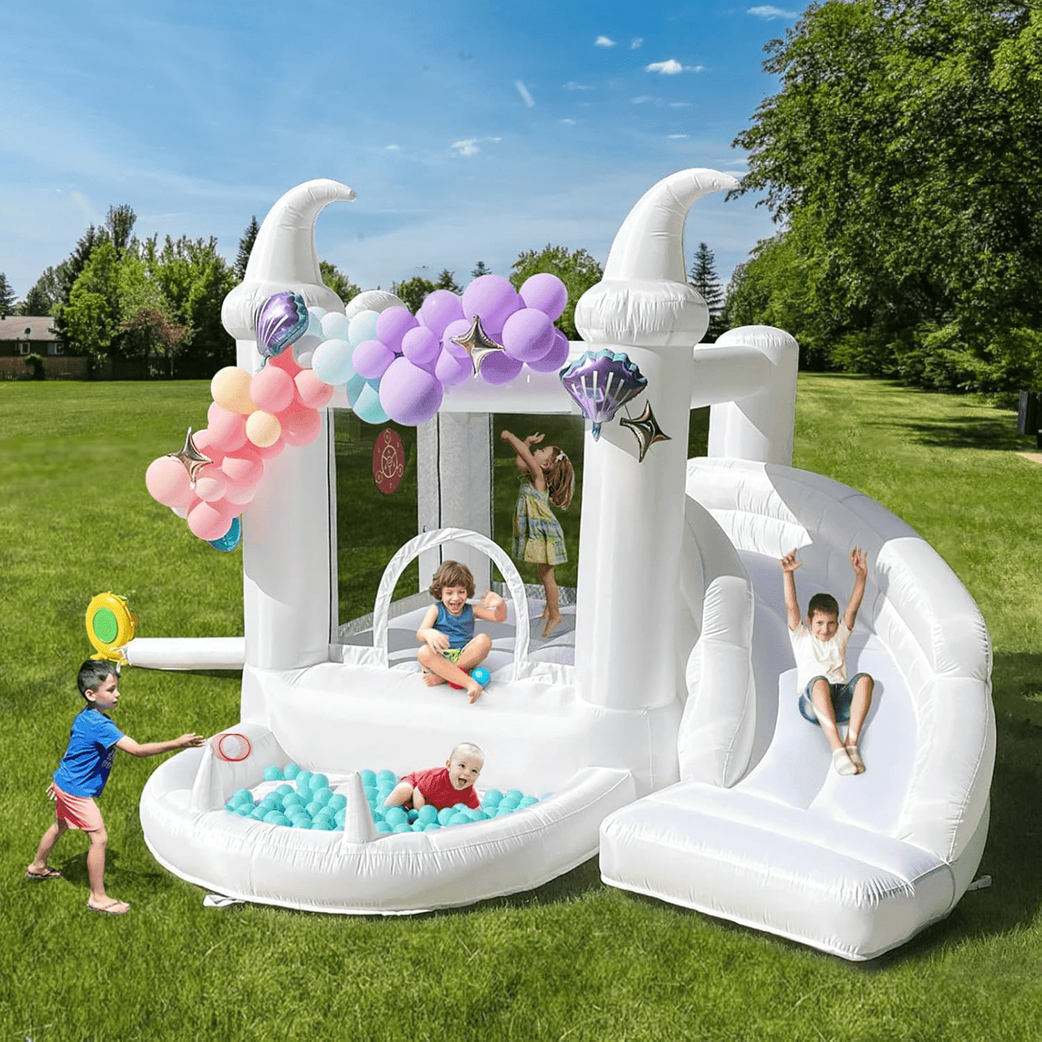 White Bounce House with Slide & Ball Pit Wizard Bouncy Castle with Air ...