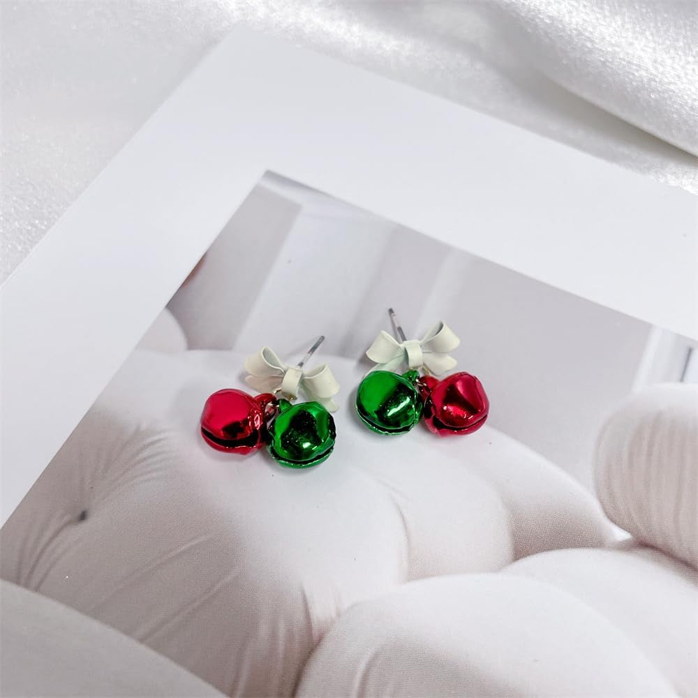 White Bow Jingle Bell Red Stud Small Dangle Op Earrings For Women Cute ...
