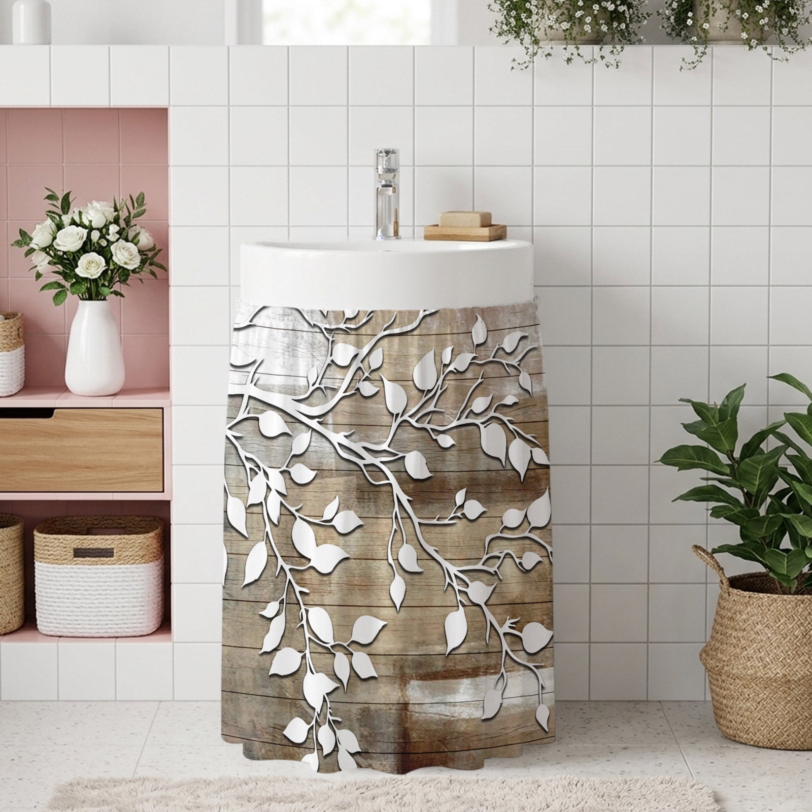 White Branches Small Cabinet Curtain 11''x13'', Brown Beige Wooden ...