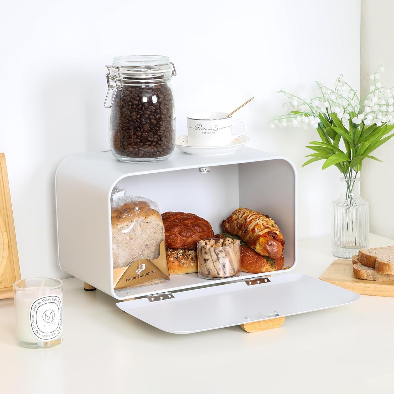 White Bread Box for Kitchen Countertop - Large Capacity Bread Storage ...