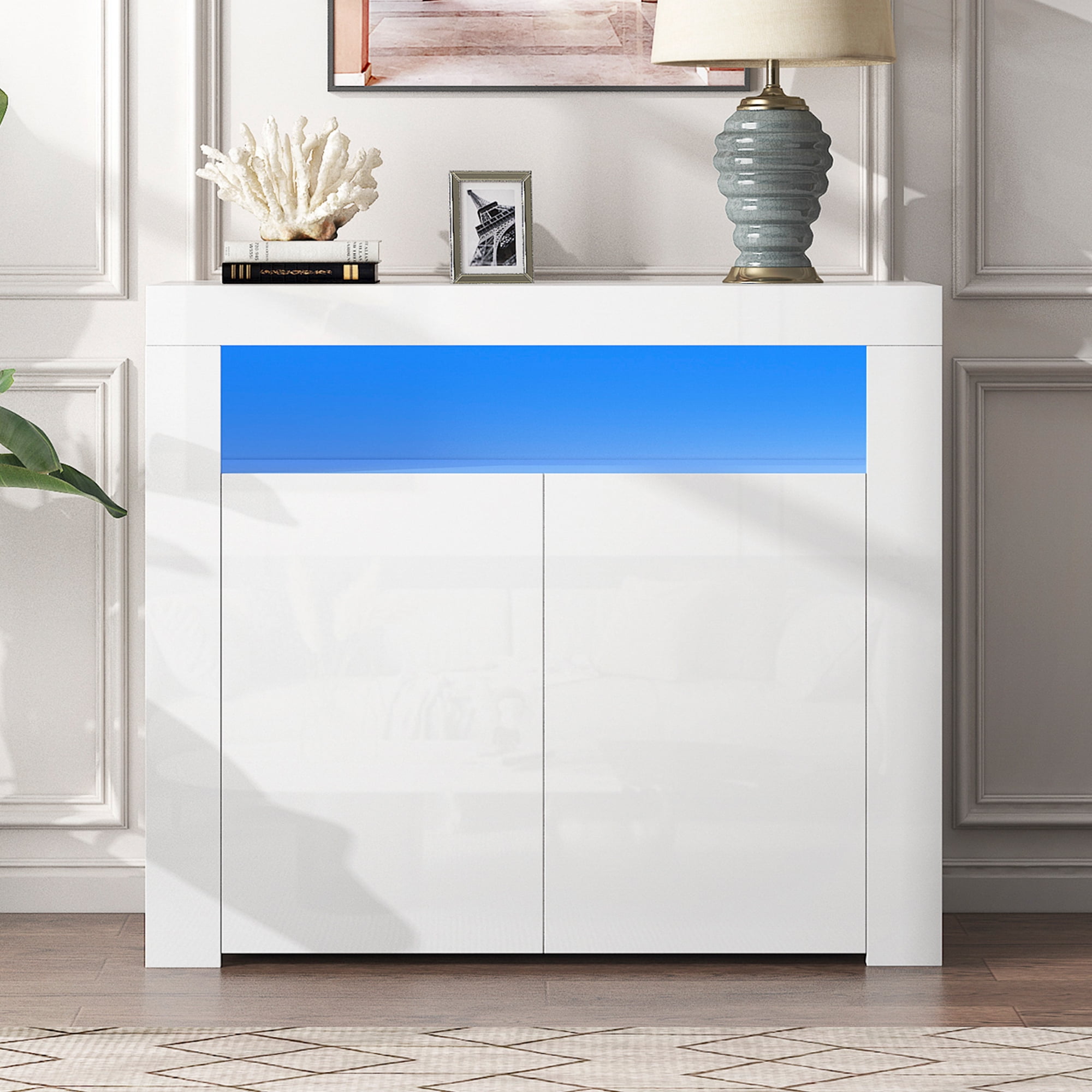 White Buffet Cabinet, High Gloss Kitchen Sideboard Cupboard with 16 ...