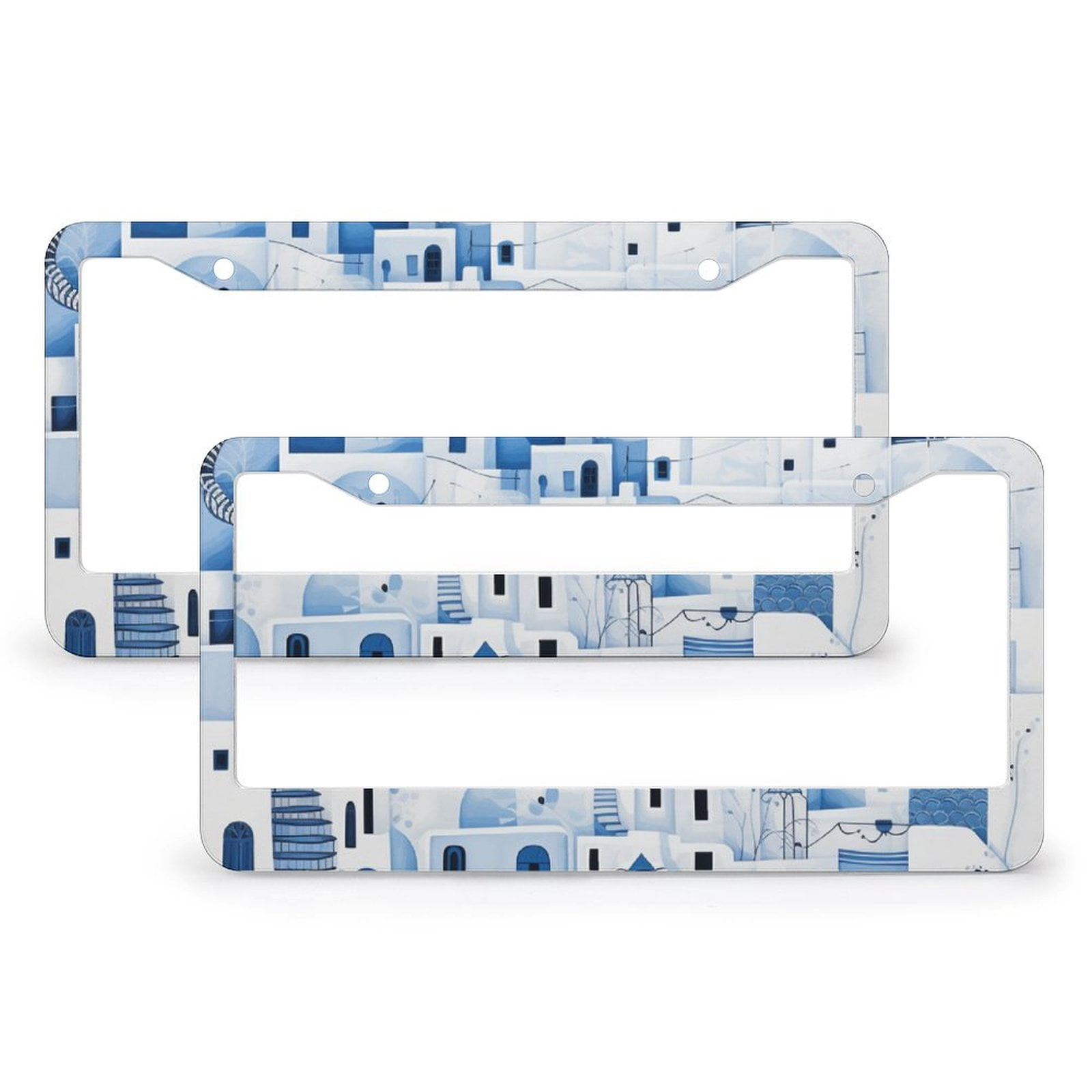 White Buildings With Blue Houses License Plate Frame 2 Pcs Set Happy ...