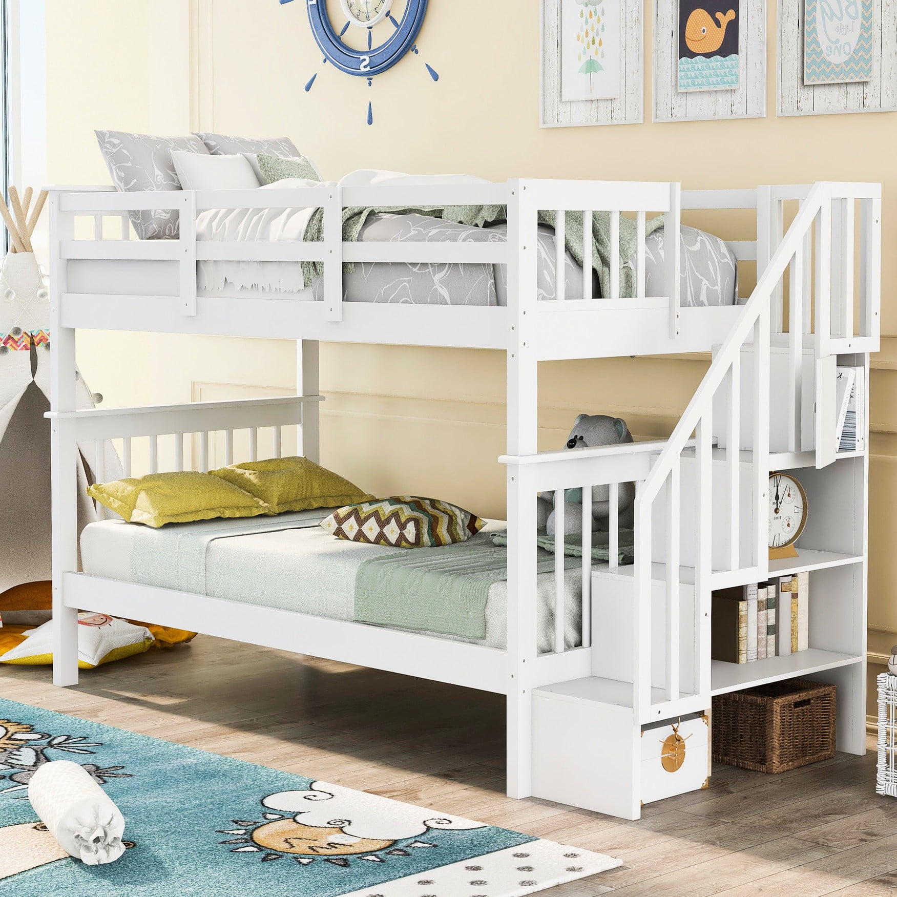 White Bunk Bed With Storage Cabinets For Bedroom Accessories And Guard ...