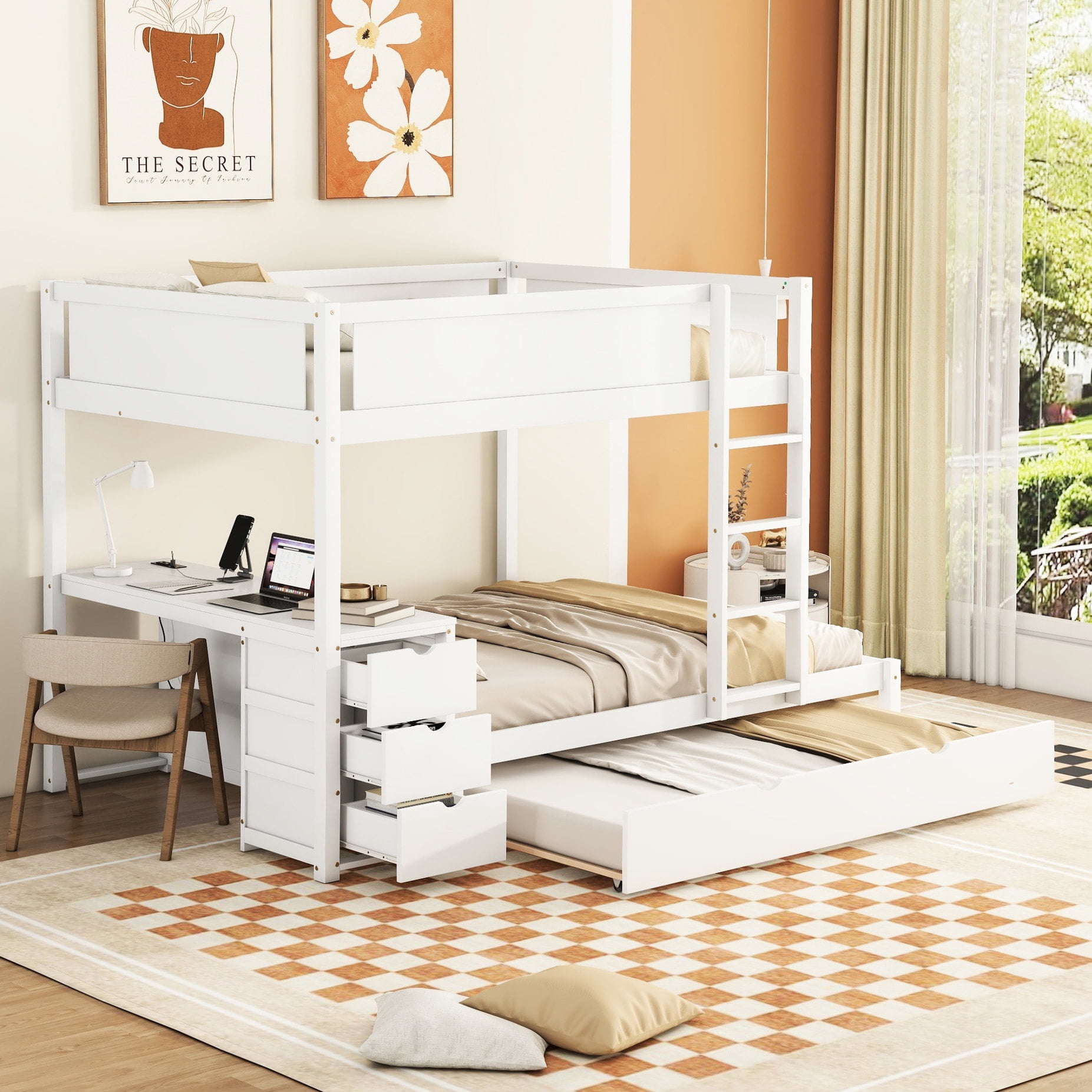 White Bunk Bed with Full-Over-Full, Trundle, and Hidden Storage ...