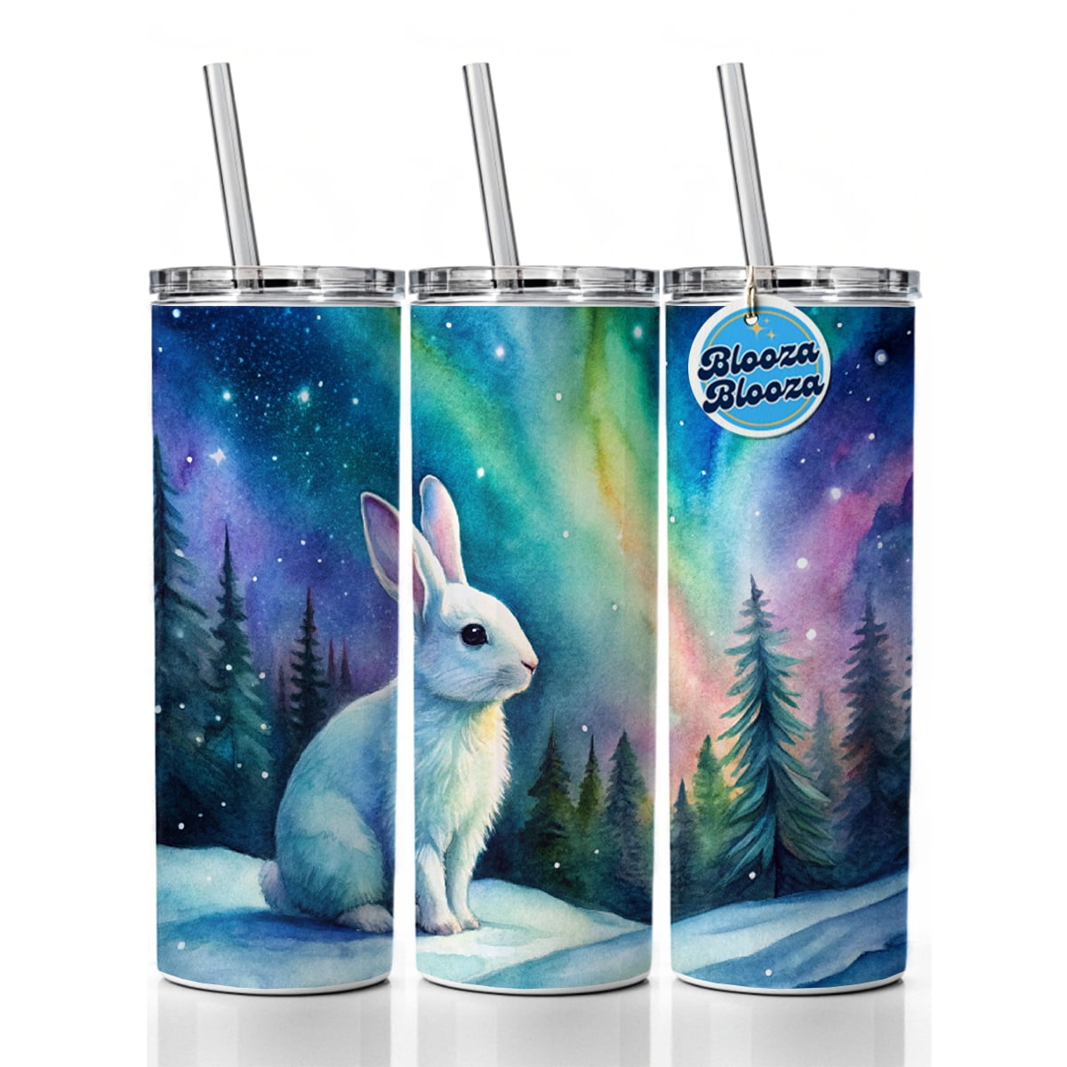 White Bunny Rabbit And Northern Lights Watercolor 20oz Insulated Water ...