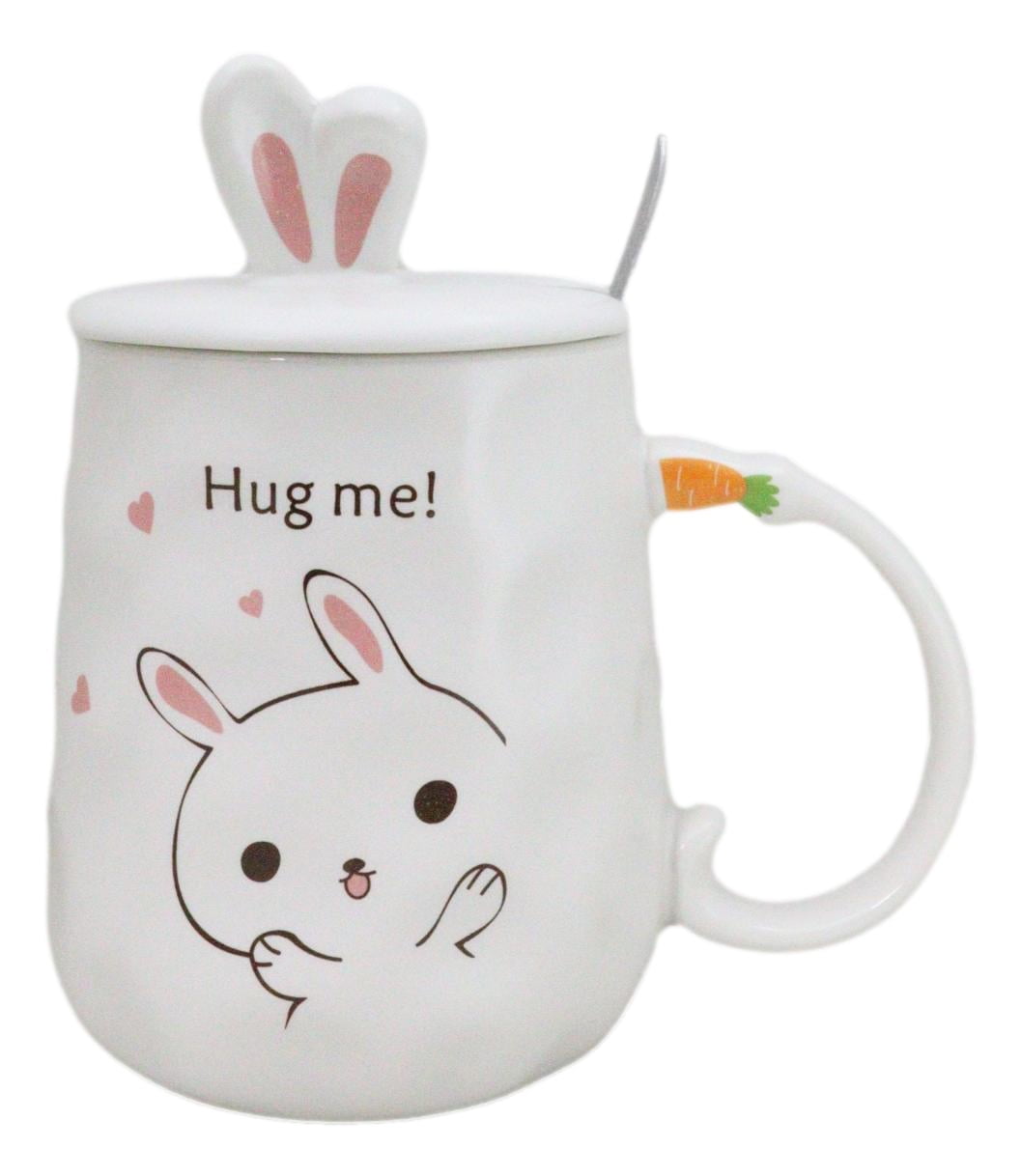 White Bunny Rabbit Hug Me Ceramic Mug With Bunny Ears Lid And Stirring ...