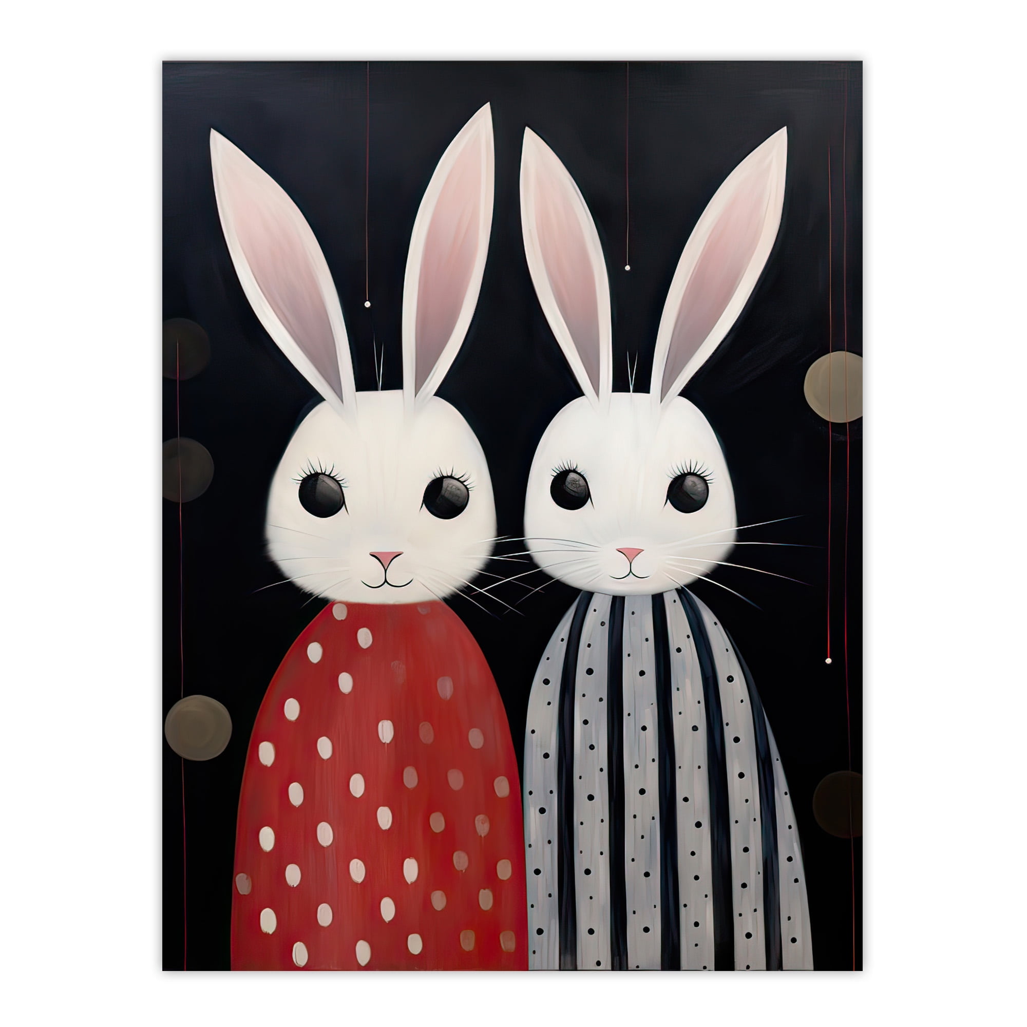 White Bunny Rabbits in Dresses Oil Painting Red Black Polka Dot Stripes ...