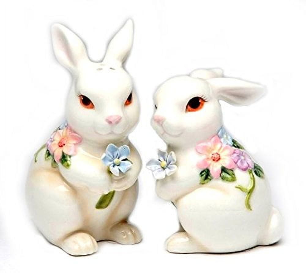 White Bunny Rabbits with Flowers Ceramic Easter Salt and Pepper Shakers ...