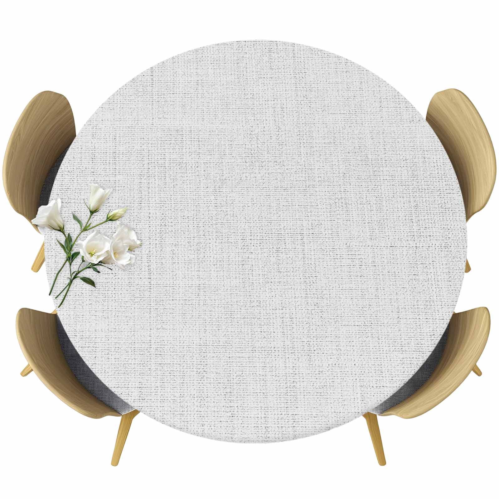 White Burlap Texture Table Cloth, Round Fitted Tablecloths with Elastic ...