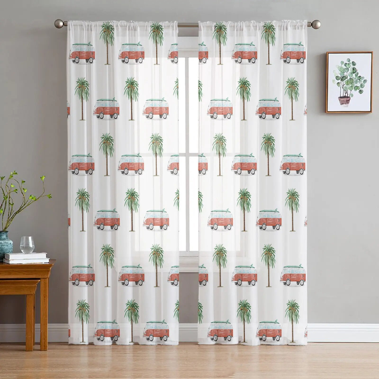 White Bus Summer Palm Trees Tulle Curtain Home Office Window r Bedroom ...